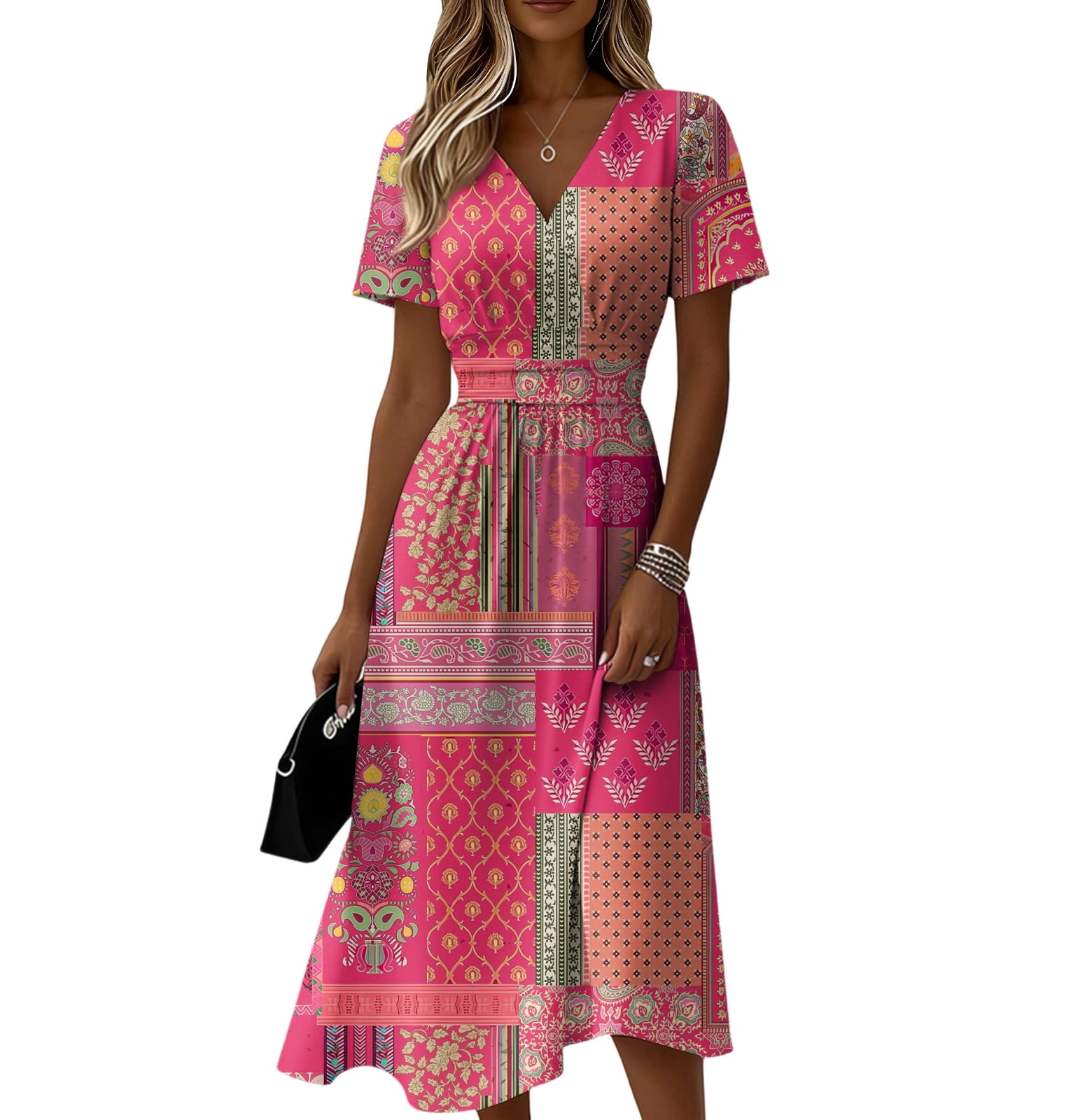 Dresses for Women 2026 V-Neck A-Line Short Sleeve Floral Print Midi ...