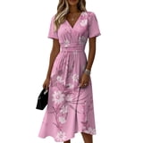 Dresses for Women 2026 V-Neck A-Line Short Sleeve Floral Print Midi ...