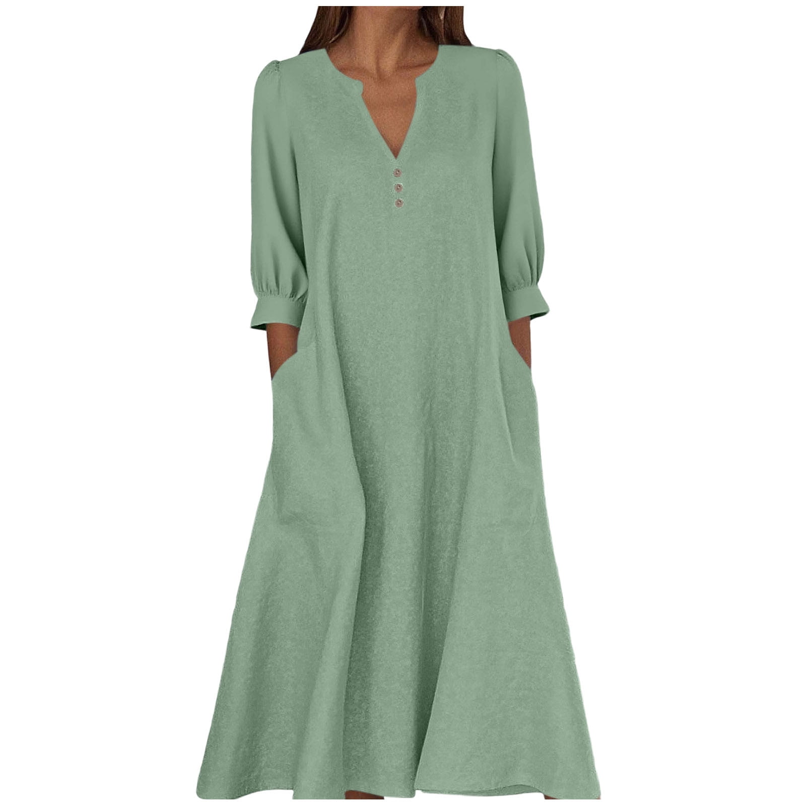 Dresses for Women Button V Neck 3/4 Sleeve Fall Dress Casual Beach ...