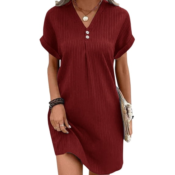 Dresses for Women Casual Button V Neck Short Sleeve Tunics Trendy A ...