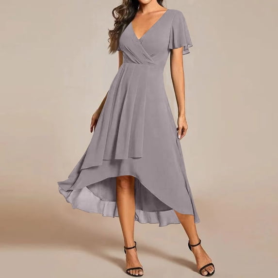 Dresses for Women, Chiffon High Low Midi Dress, V-Neck Ruffle Sleeve A ...