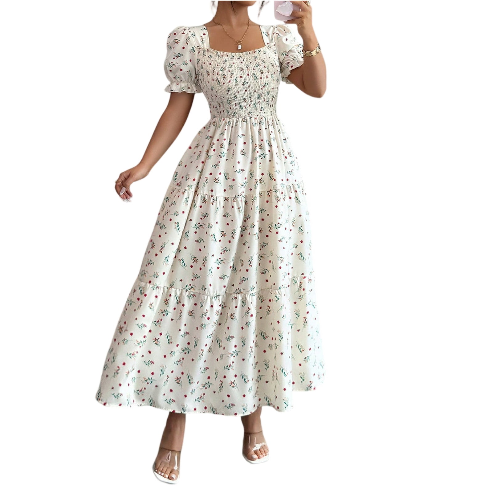 Dresses for Women, Cottagecore Floral Tiered Midi Dress, Square Neck ...