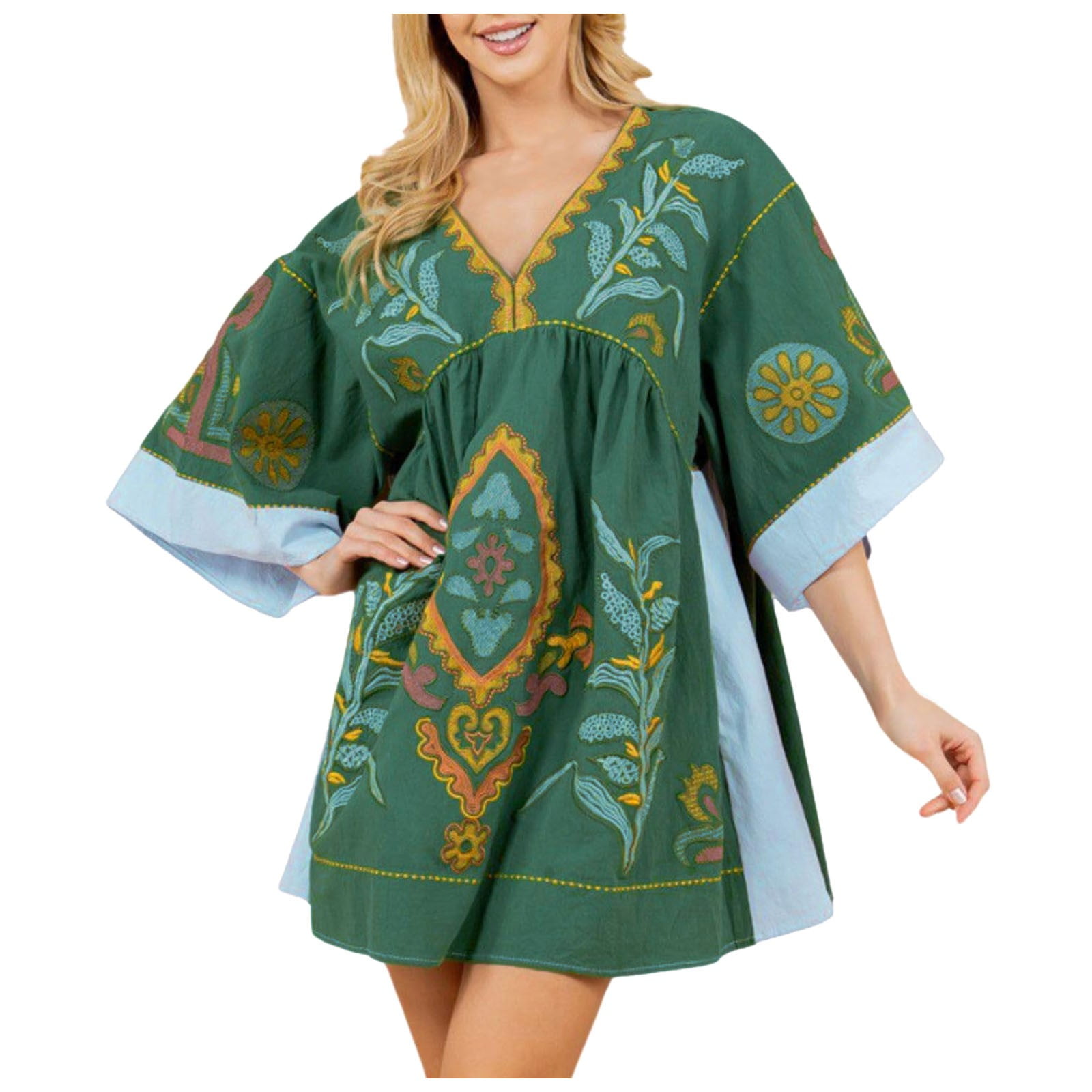 Dresses for Women Embroidered with Neck 3/4 Sleeves Loose Fit Vintage ...