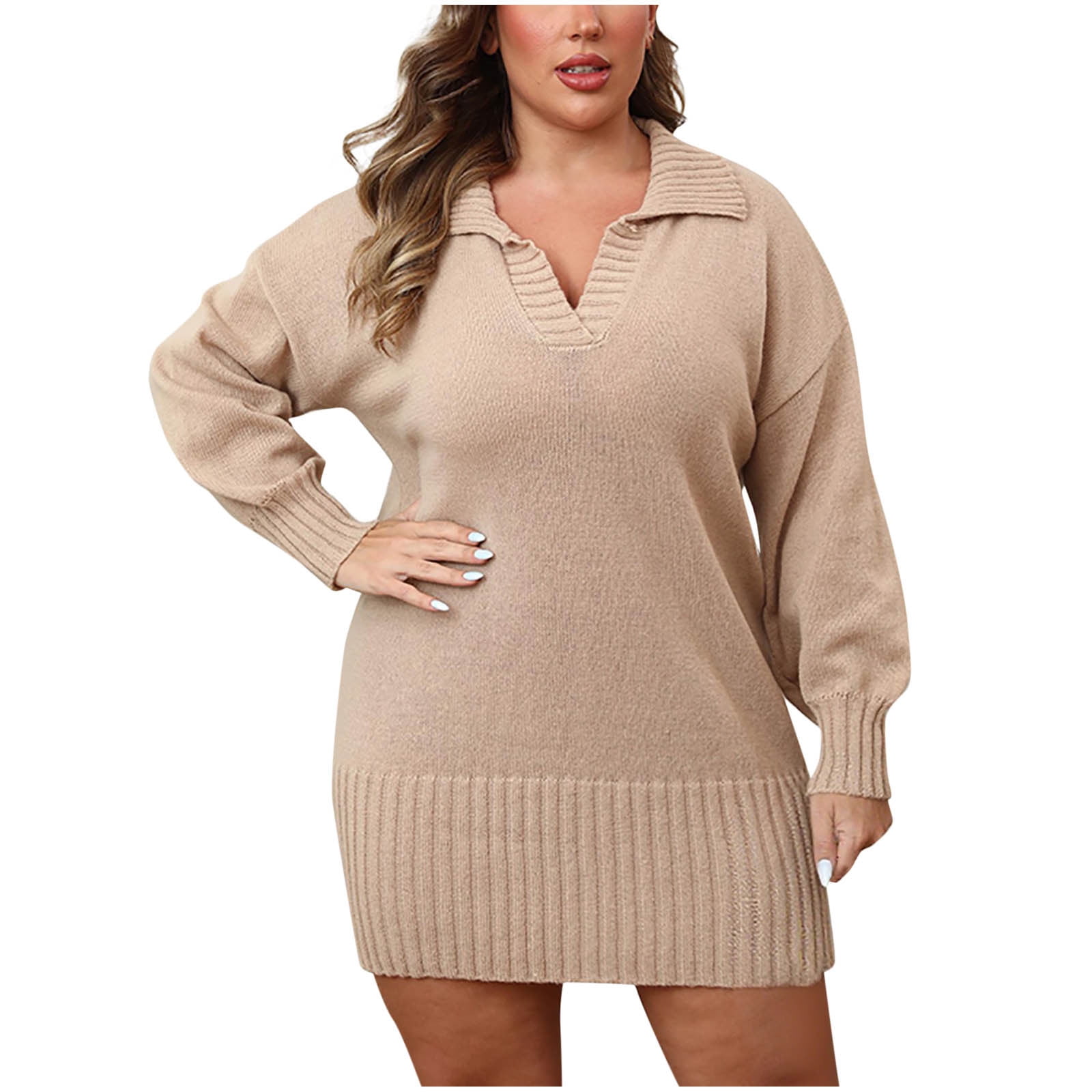 Dresses for Women Fashion Oversize Elasticity Solid Color Long Sleeve V ...