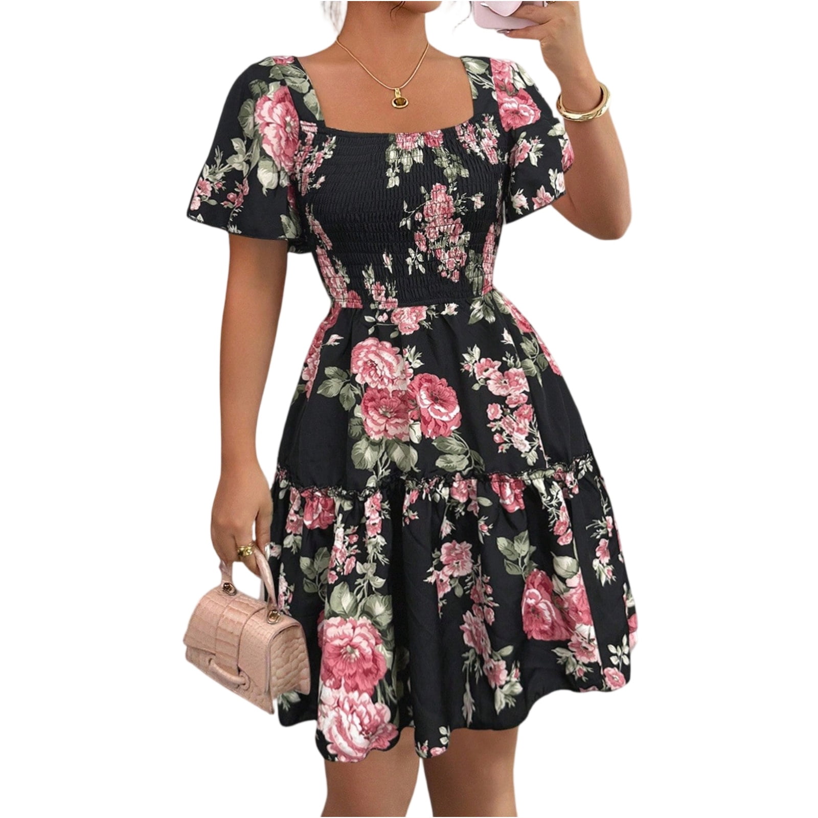 Dresses for Women, Floral Smocked Short Dress, Square Neck Flutter ...