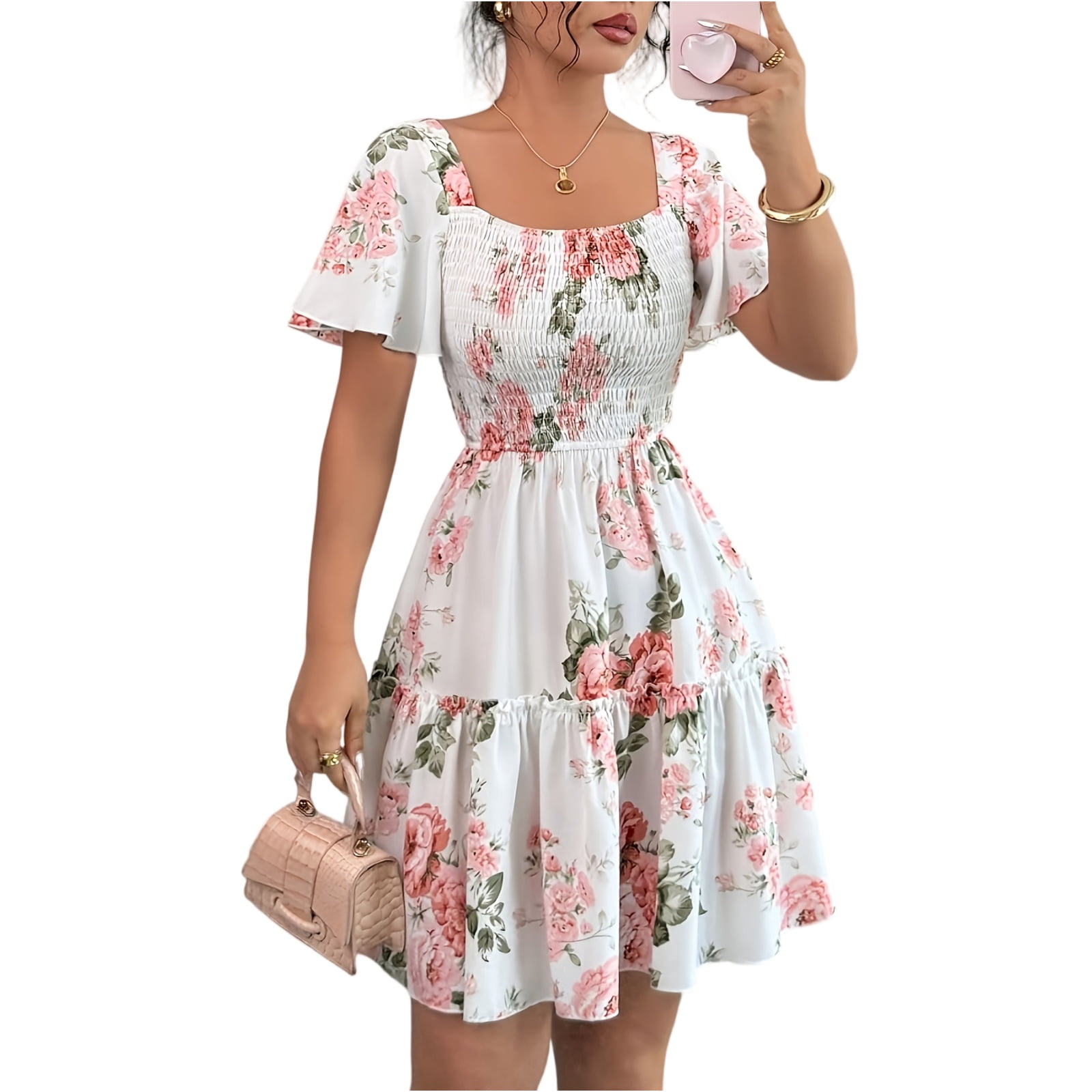 Dresses for Women, Floral Smocked Short Dress, Square Neck Flutter ...