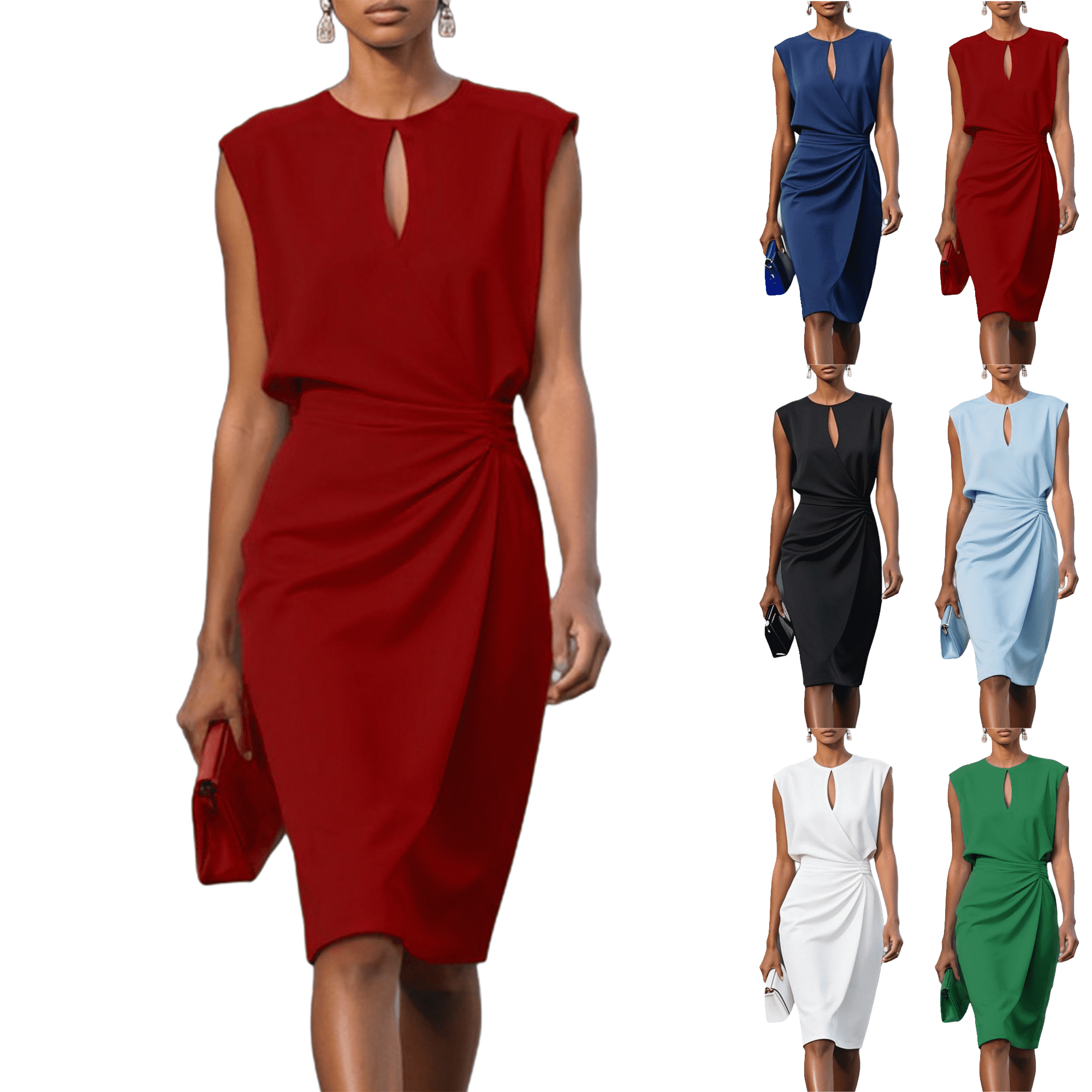 Dresses for Women Keyhole Neck Sleeveless Ruched Waist Solid Color ...