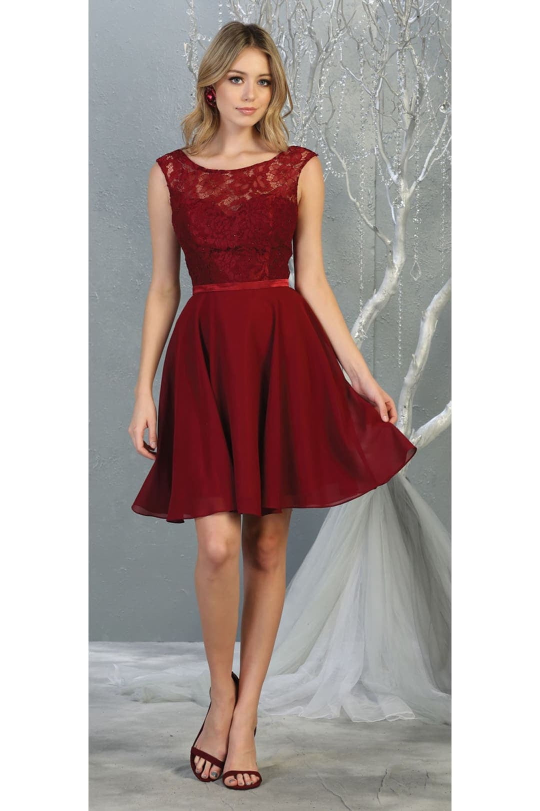 Dresses for Women - Lace Bodice Short Bridesmaid Dress – Boat Neck ...