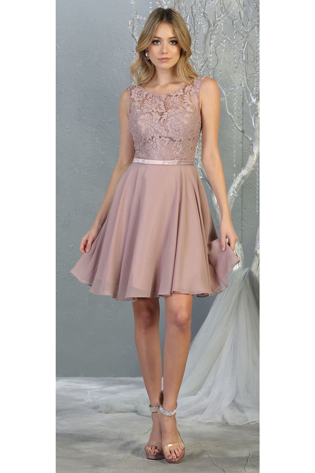 Dresses for Women - Lace Bodice Short Bridesmaid Dress – Boat Neck ...