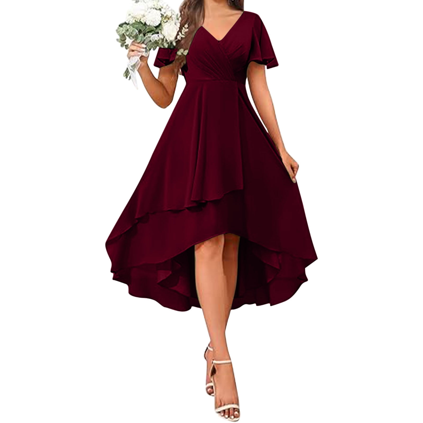Dresses for Women Ruffle Sleeves Solid Color Pleated V-neck A-line Mid Length Dress - Walmart.com