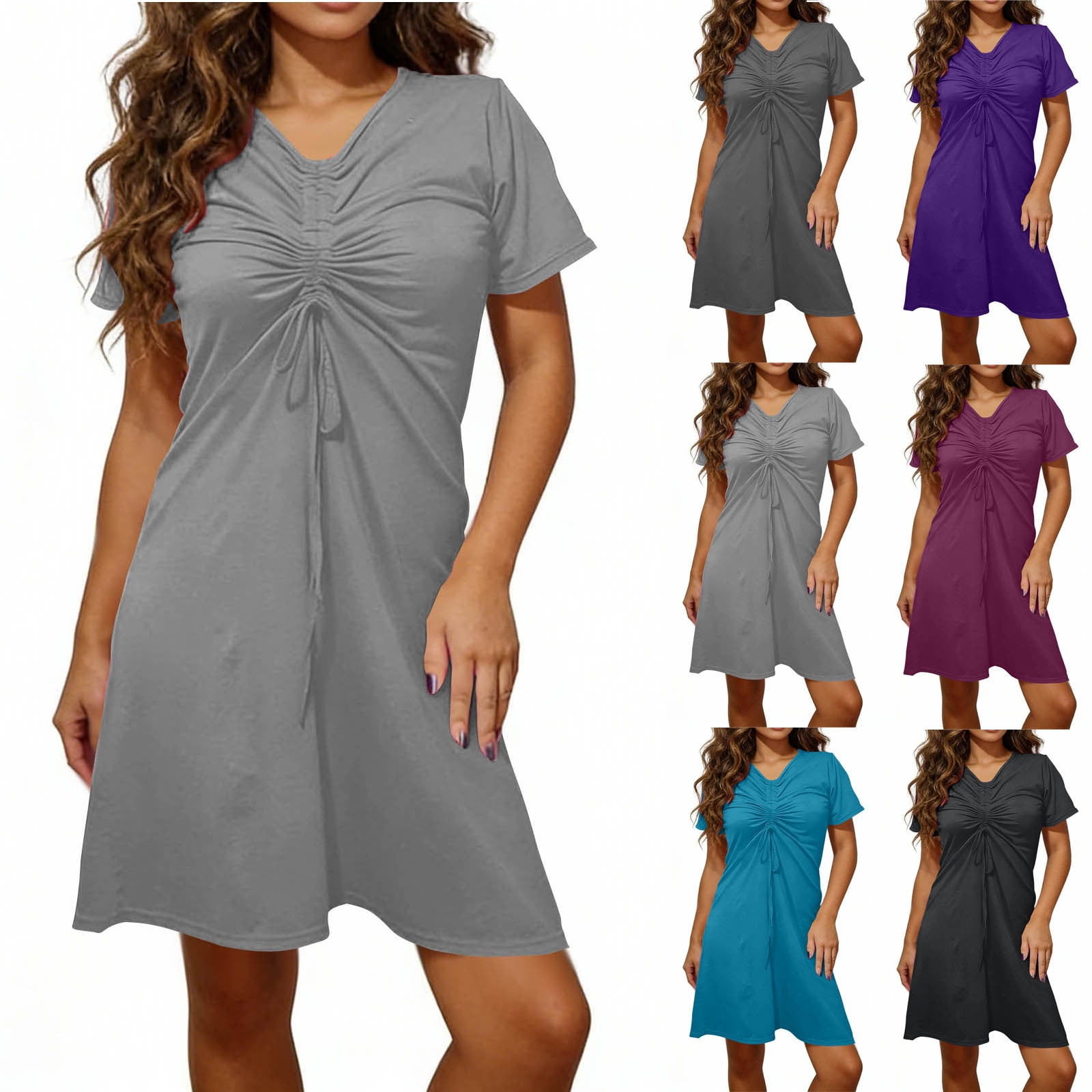 Dresses for Women SawvnmWomen's V-Neck Ruched Short Sleeve Nightgown ...