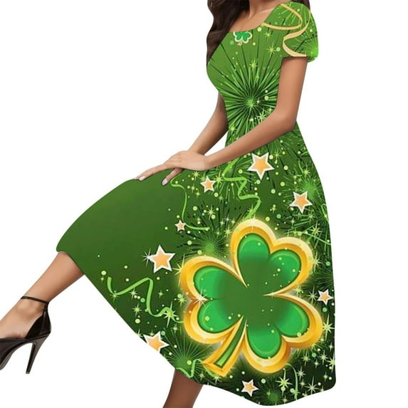 Dresses for Women Shamrock Print Short Sleeve St Patricks Day Maxi ...