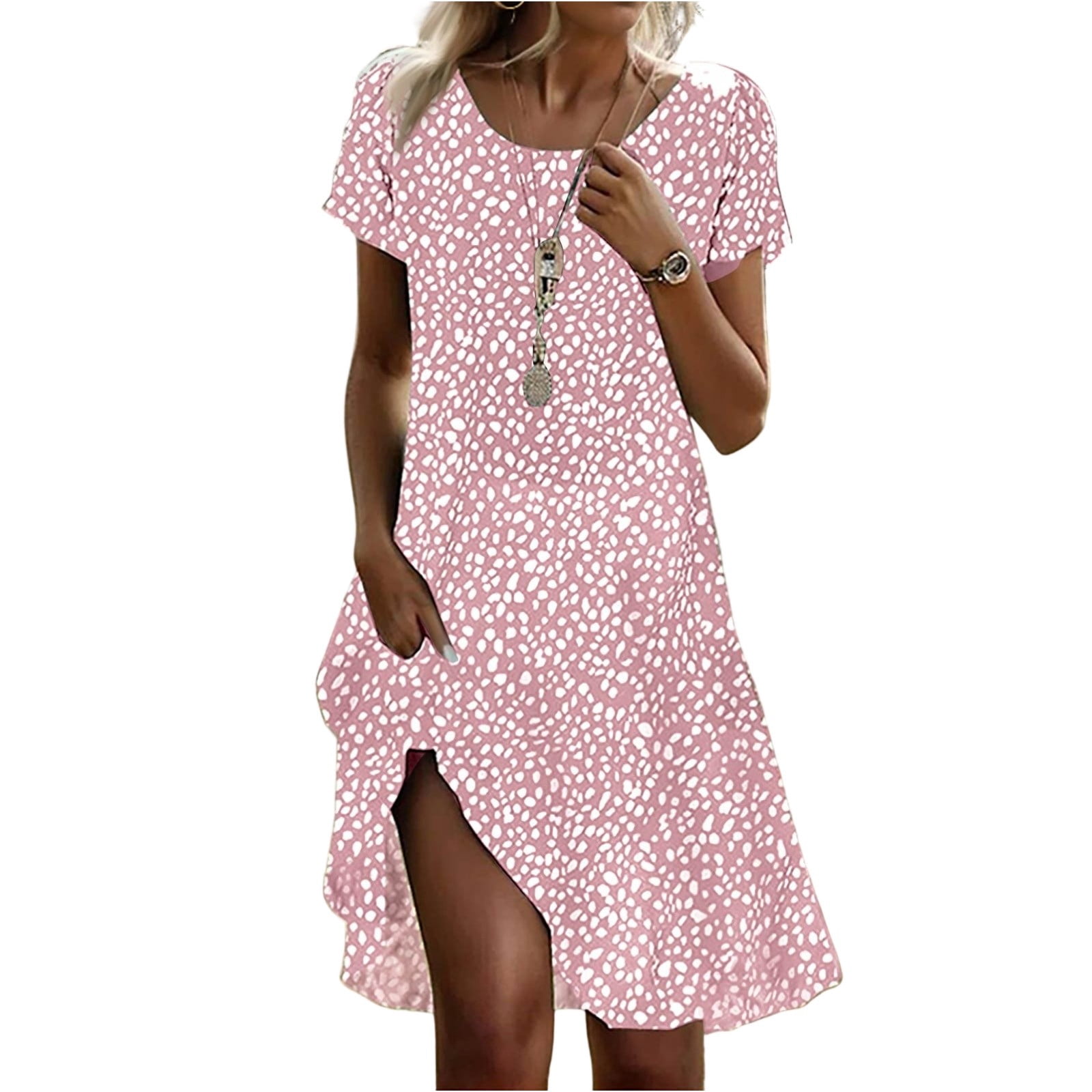 Dresses for Women Short Sleeve Floral Print Dress Round Neck Loose ...