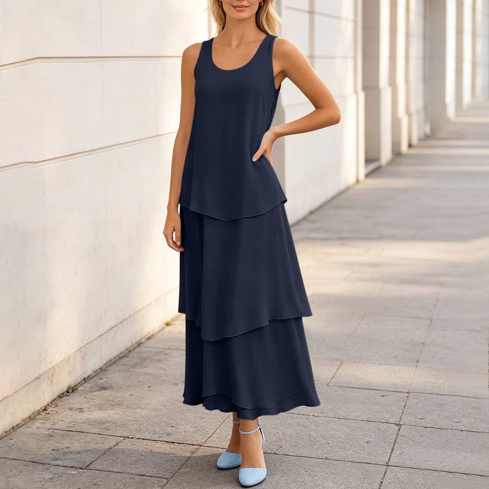Dresses for Women Sleeveless Fashion Solid Tiered Chiffon Casual Flowy ...