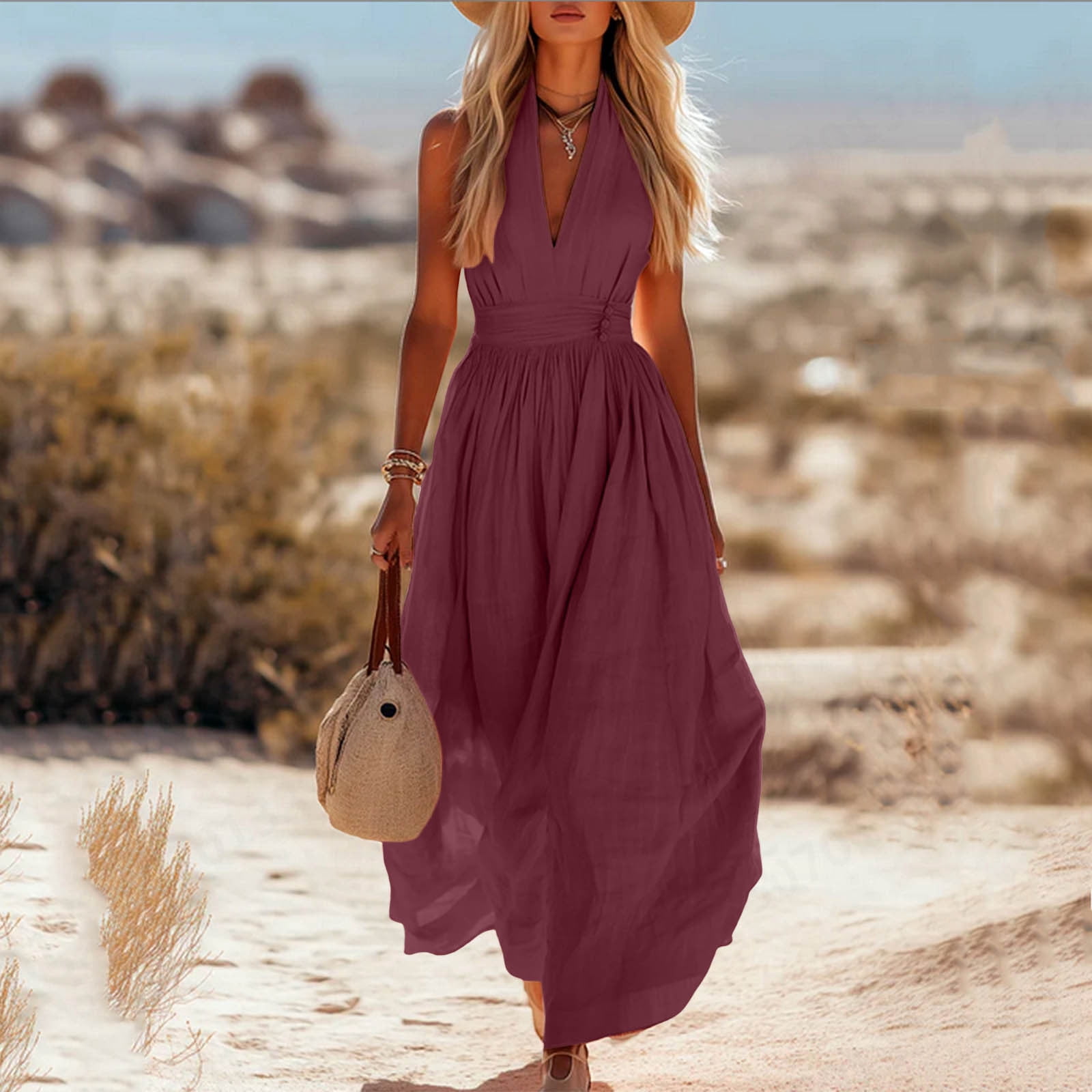 Dresses for Women Sleeveless V Neck Ladies Casual Fashionable Solid ...