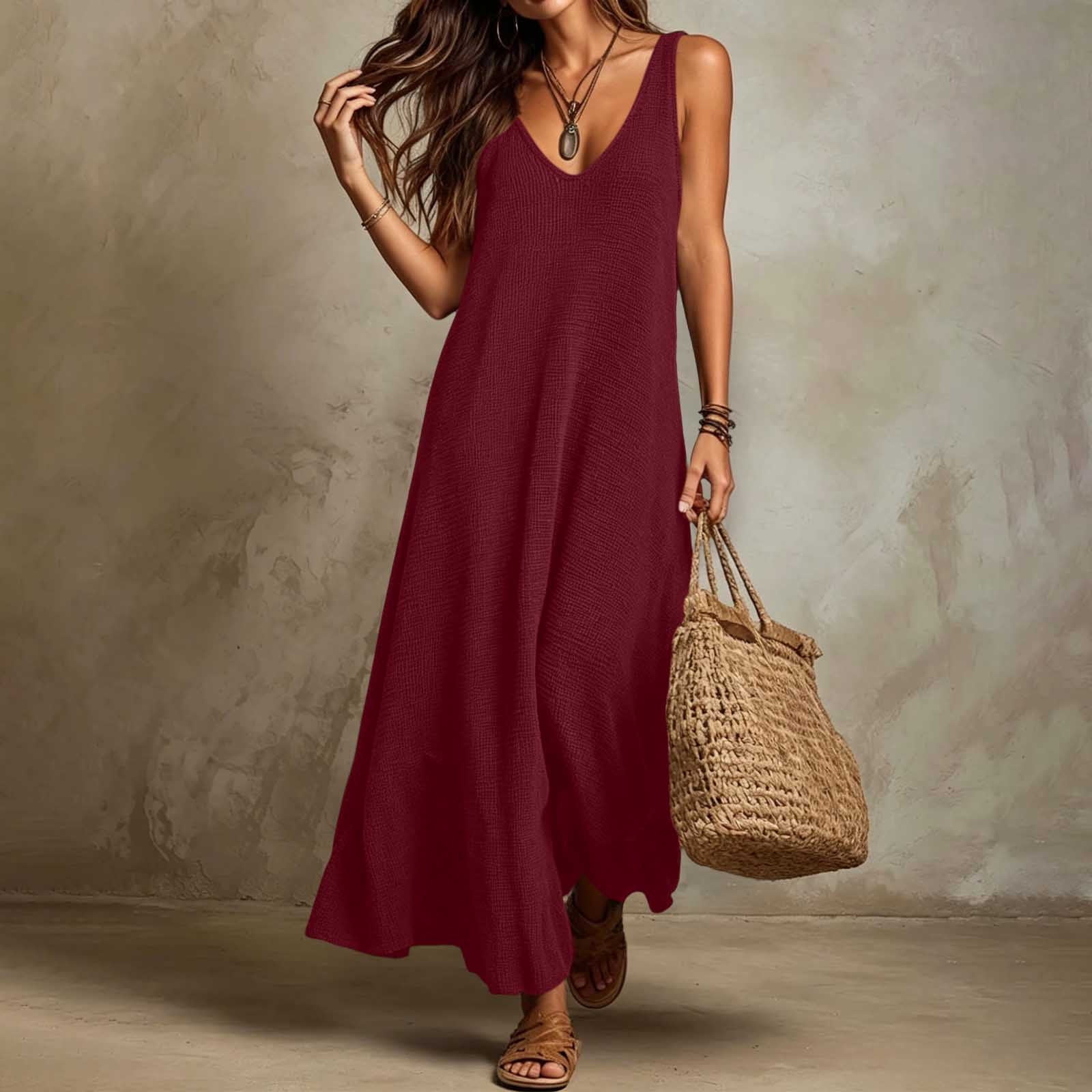 Dresses for Women Sleeveless V Neck Solid Color Lightweight Knit ...