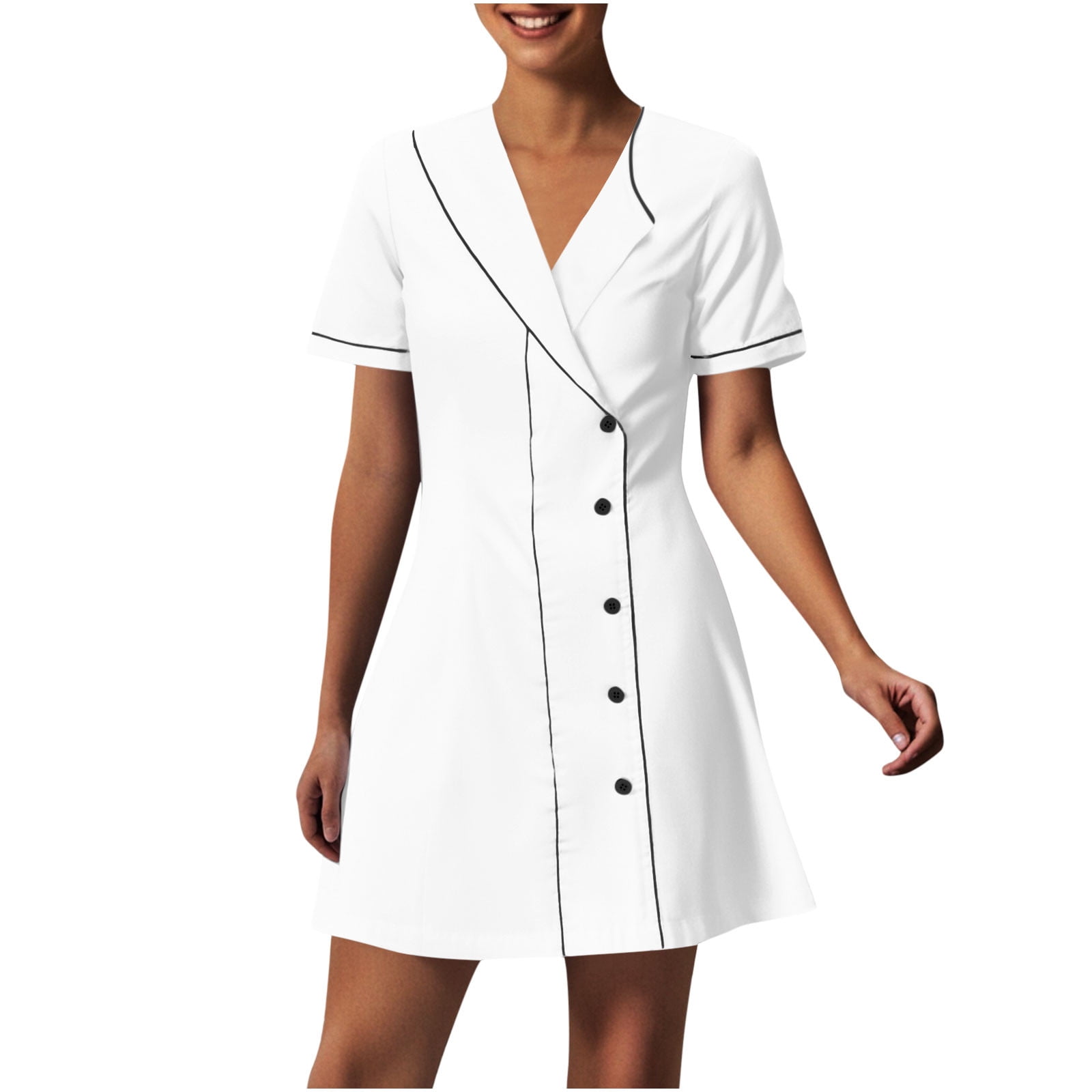 Dresses for Women Solid Color Button Splicing Lapel Caregiver Dress ...