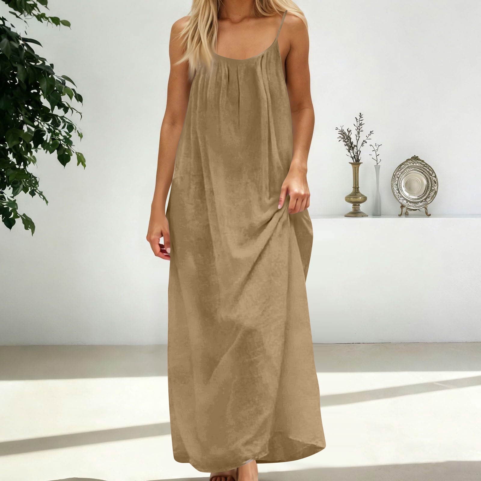Dresses for Women Solid Color Open Back Cami Maxi Dress Sleeveless ...