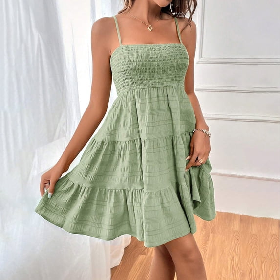 Dresses for Women Square Neck Spaghetti Strap Tiered Mini Dress Smocked ...