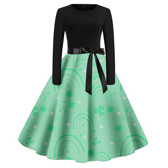 Dresses for Women St Patricks Day Print Round Neck Long Dress Flared ...