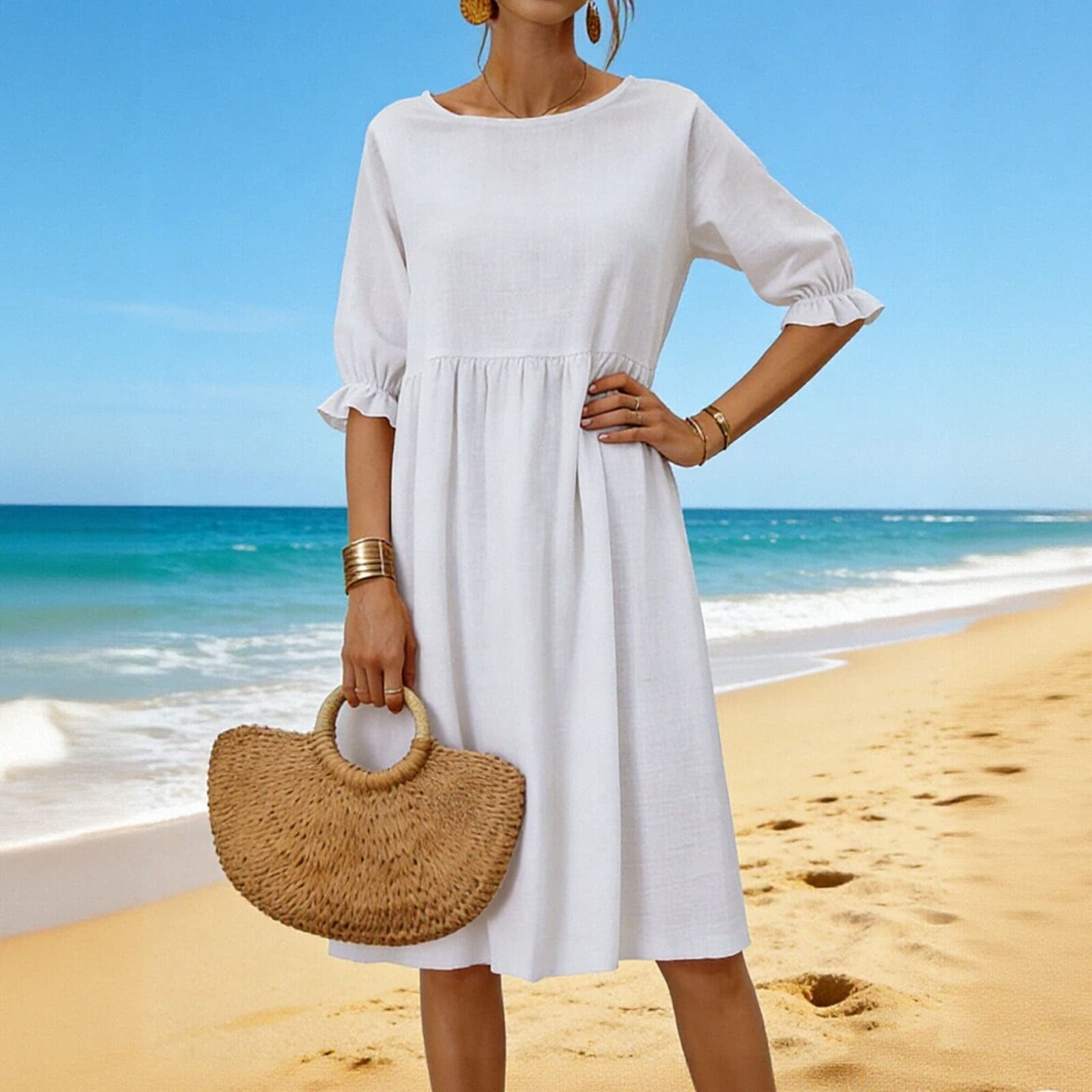 Dresses for Women Summer Casual Solid Color Crewneck Loose Ruffled Half ...