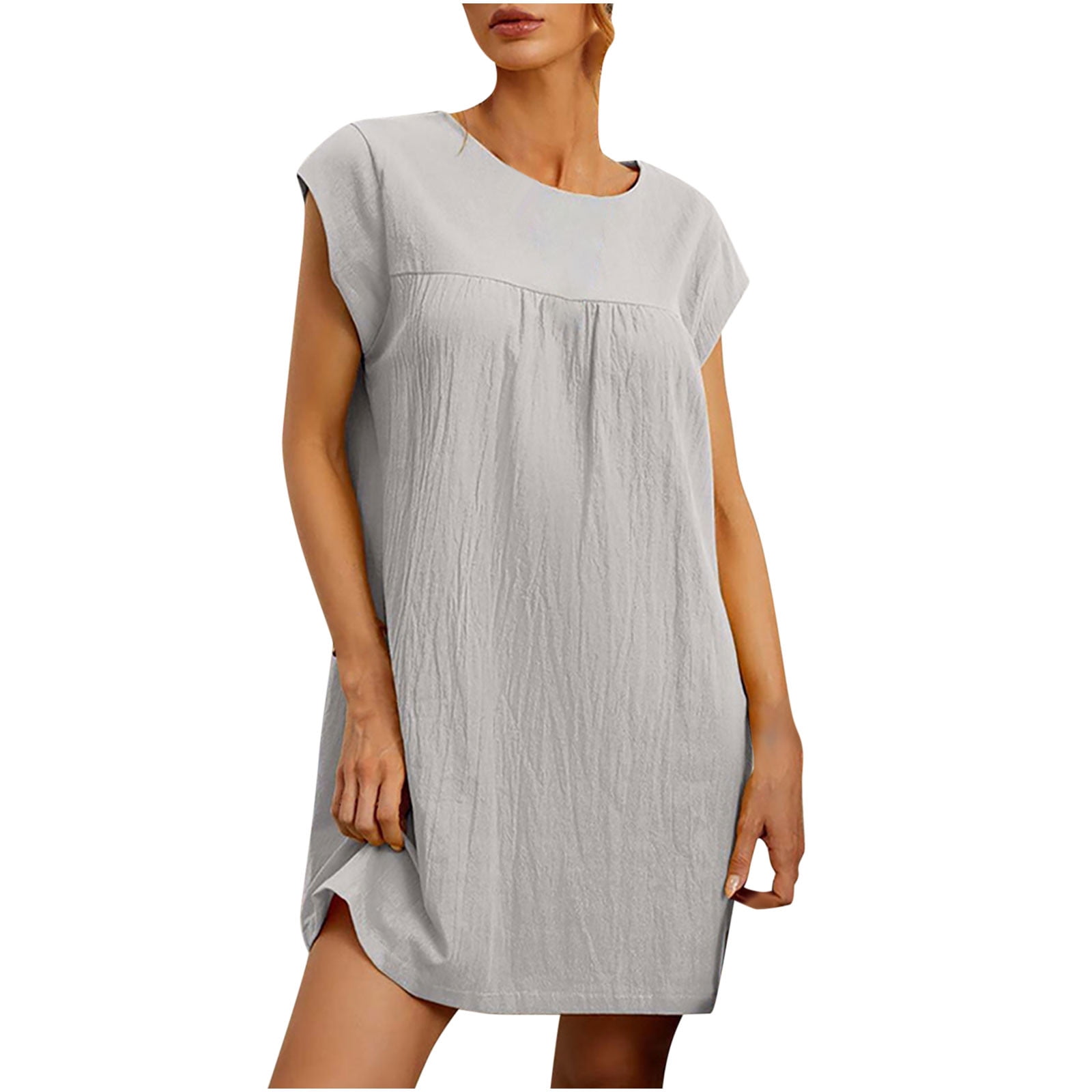 Dresses for Women Summer Cotton Linen Solid Pleated Dress Loose Casual ...