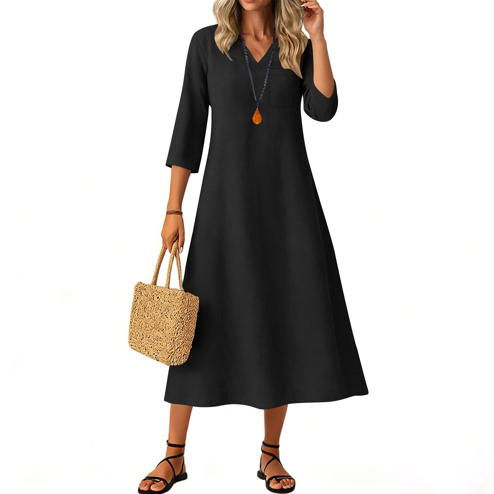 Dresses for Women Summer Lightweight Maxi Dress Casual V Neck 3/4 ...