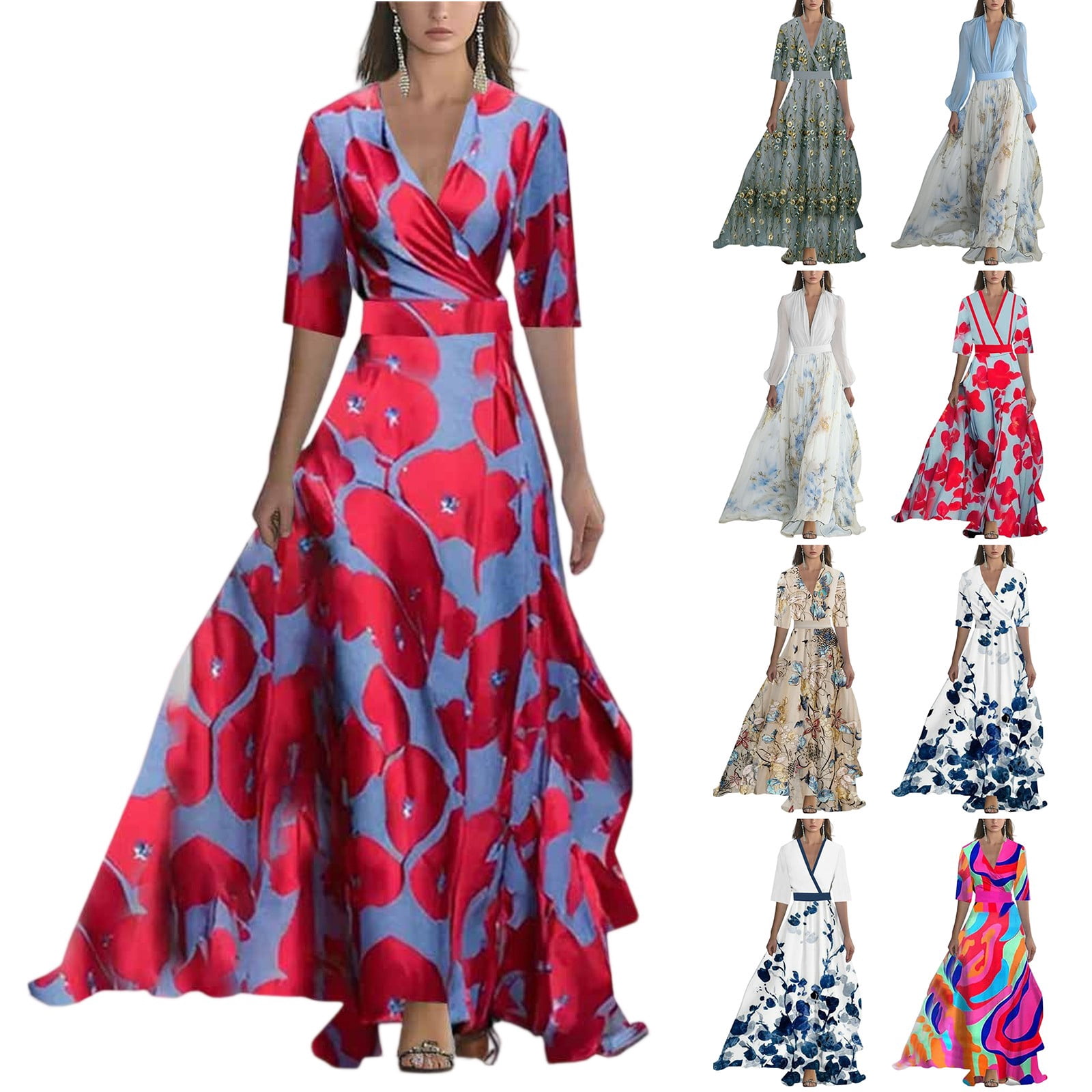 Dresses for Women V-Neck Elbow Sleeve Floral Print Maxi Dress Wrap ...