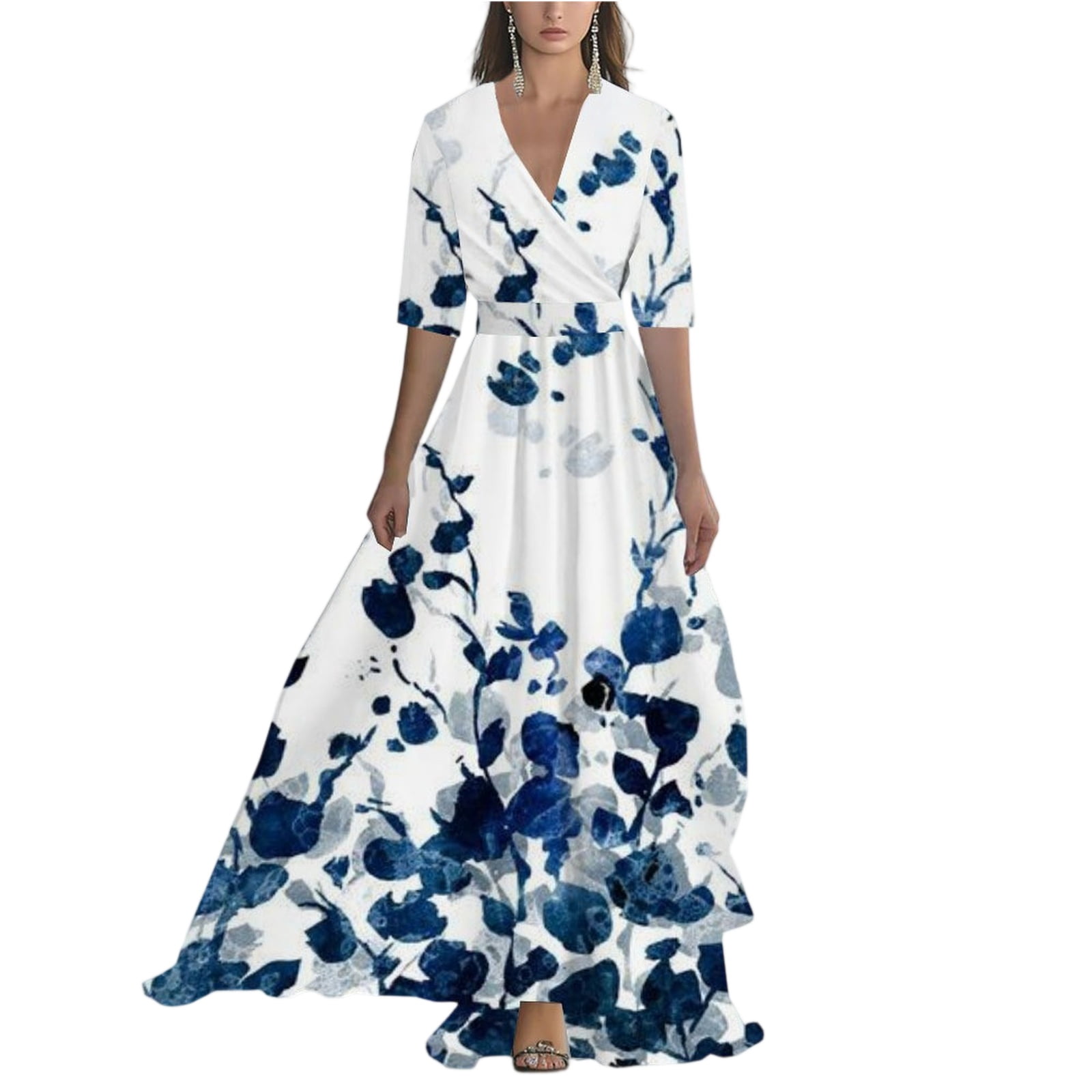 Dresses for Women V-Neck Elbow Sleeve Vintage Floral Print Maxi Dress ...