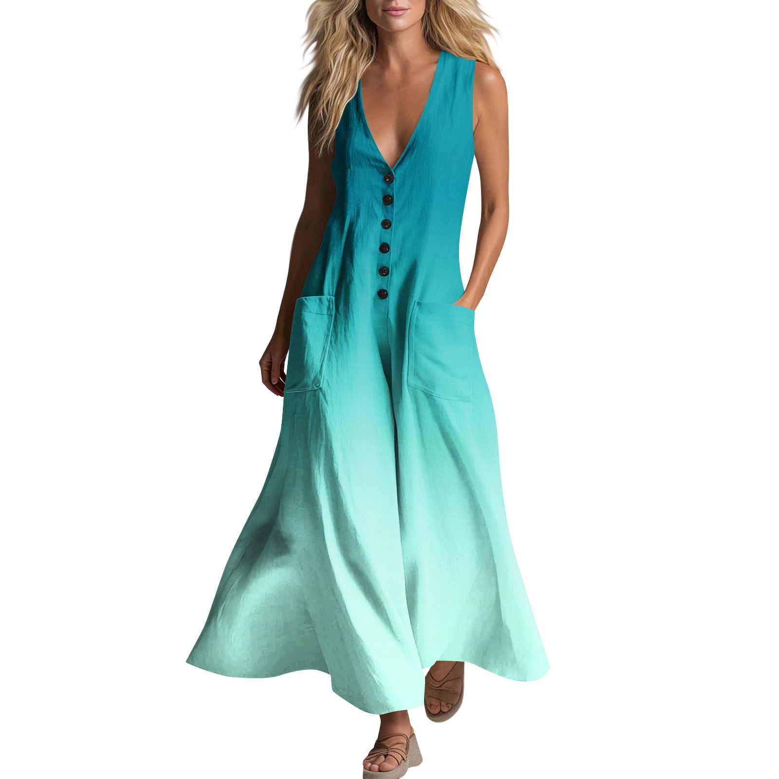 Dresses for Women V Neck Sleeveless Ombre Gradient Maxi Dress Button ...