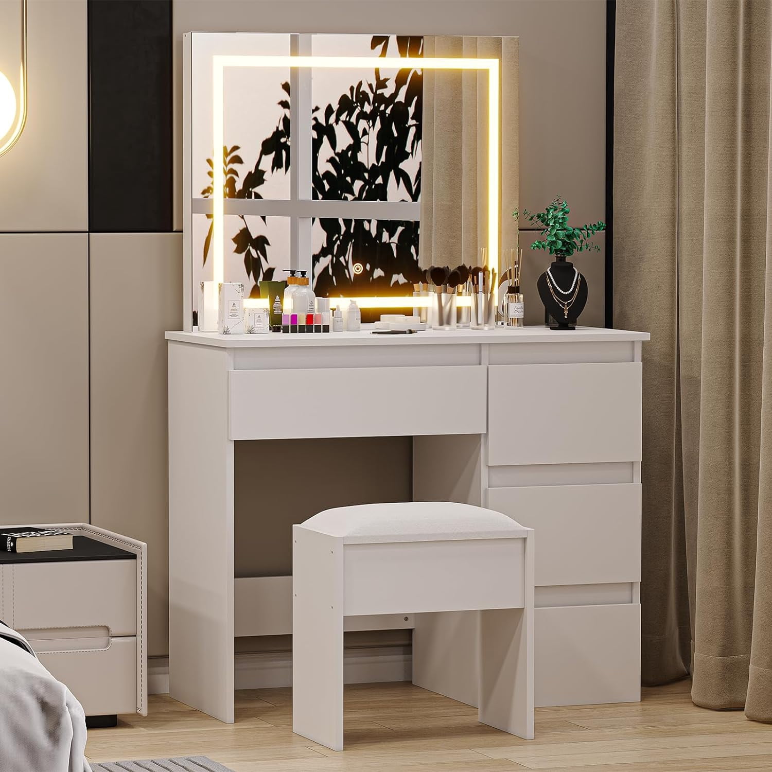 Dressing Table, Adult Dressing Table with Stool, Wooden Makeup Vanity ...