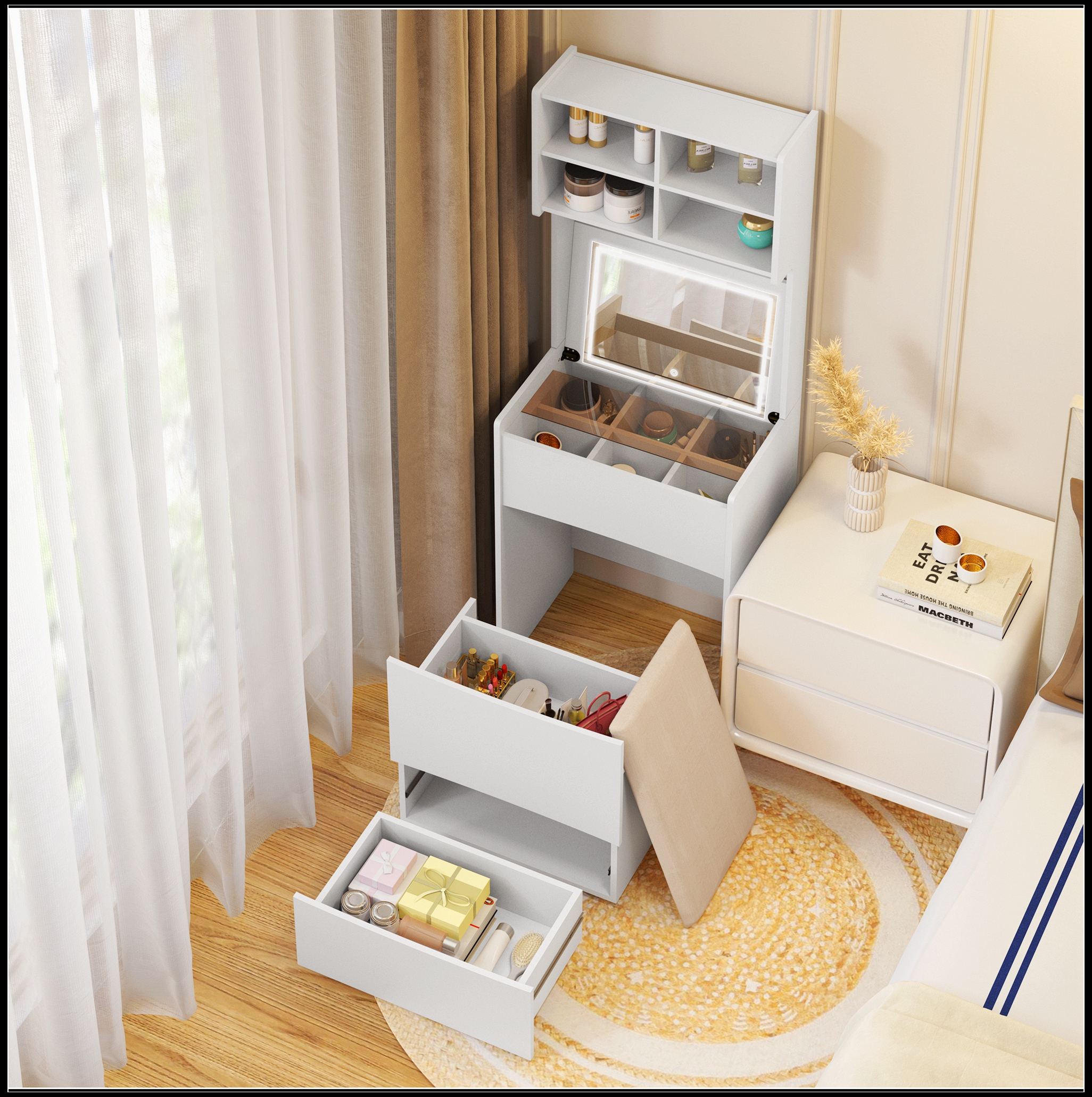 Dressing Table with Flip Top LED Illuminated Mirror, Vanity Table with ...