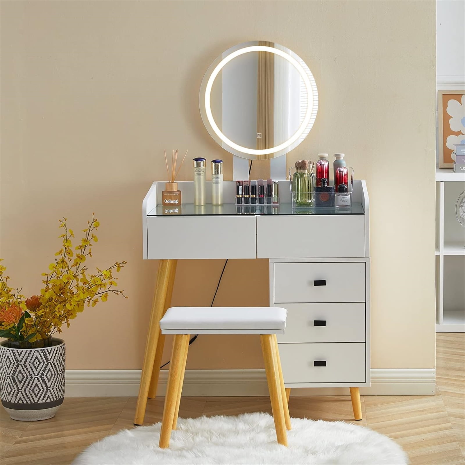 Dressing Table with Mirror and LED Lights, Glass Top Vanity Desk with ...