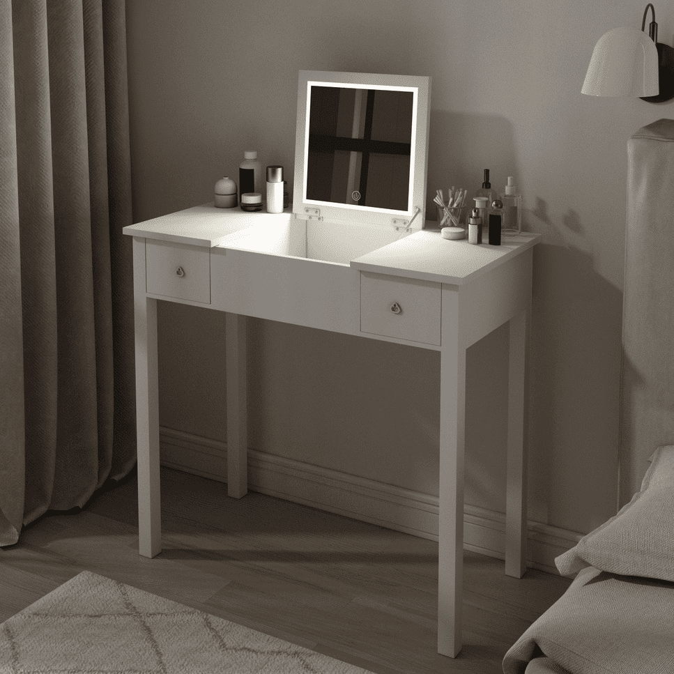 Dressing Table Set with 3 Colours LED Lights, Flip-up Mirror and 2 ...