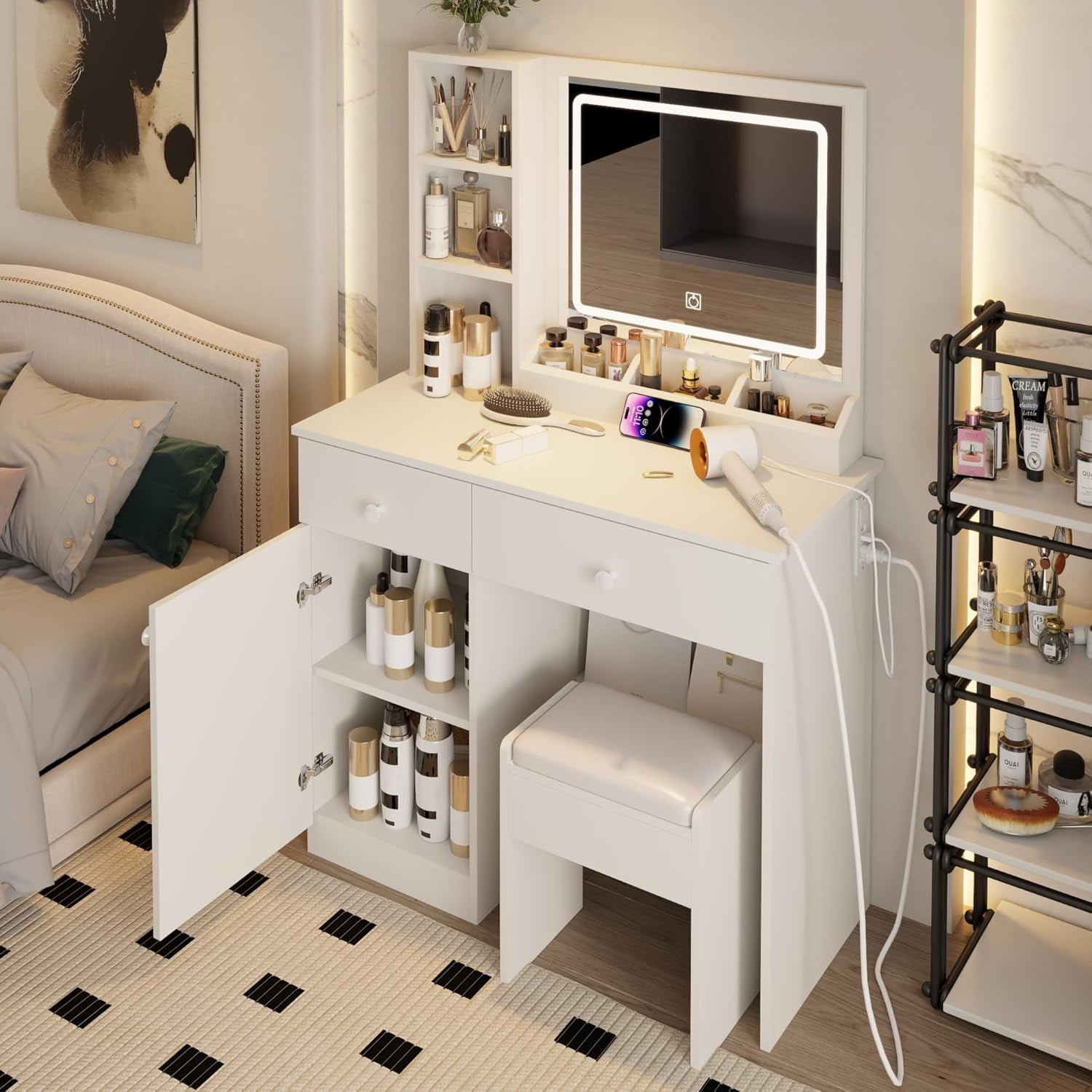 Dressing Table Set, Large Storage Space vanity with Mirror, Power ...