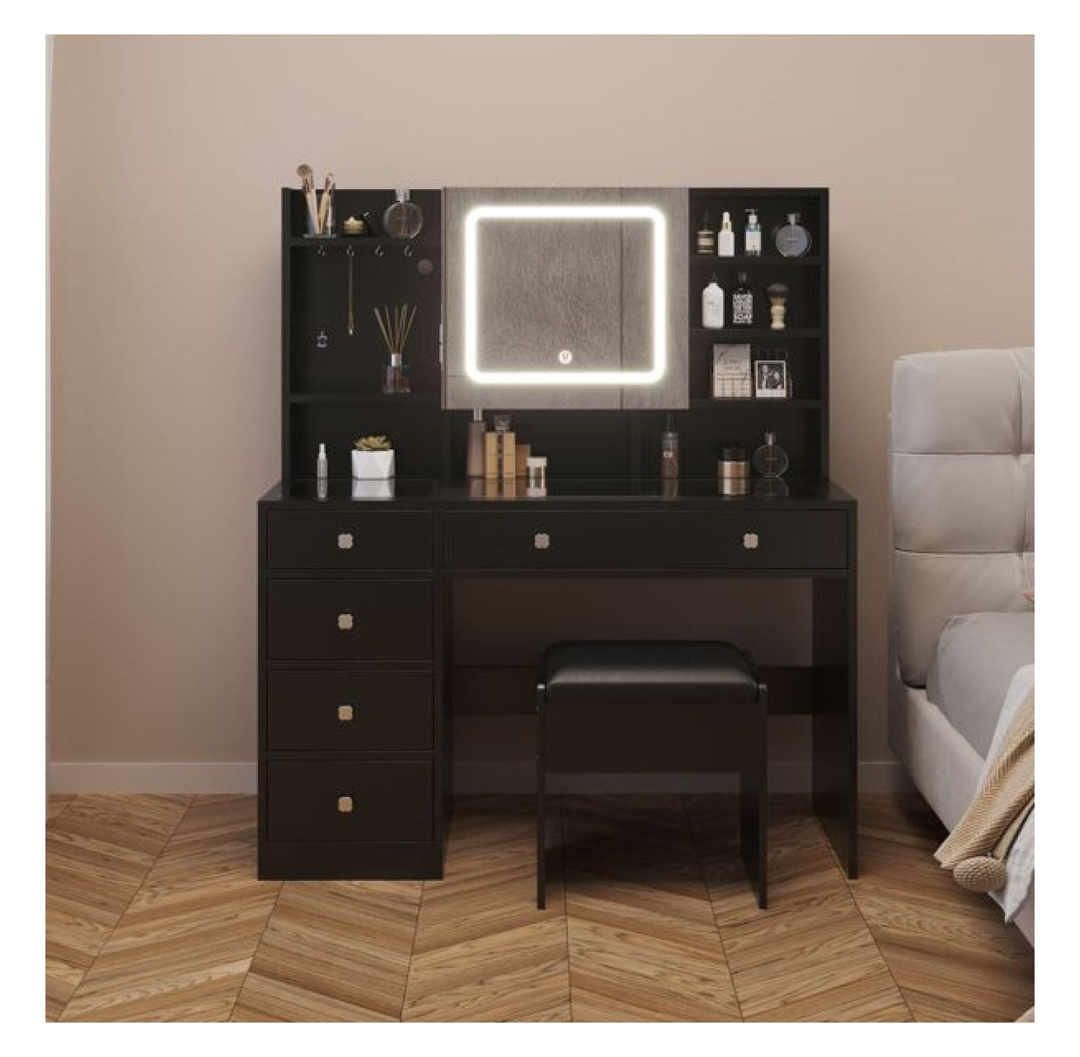 Dressing Table Set with Mirror, 5 Drawers & LED Light - FCH Pitted ...
