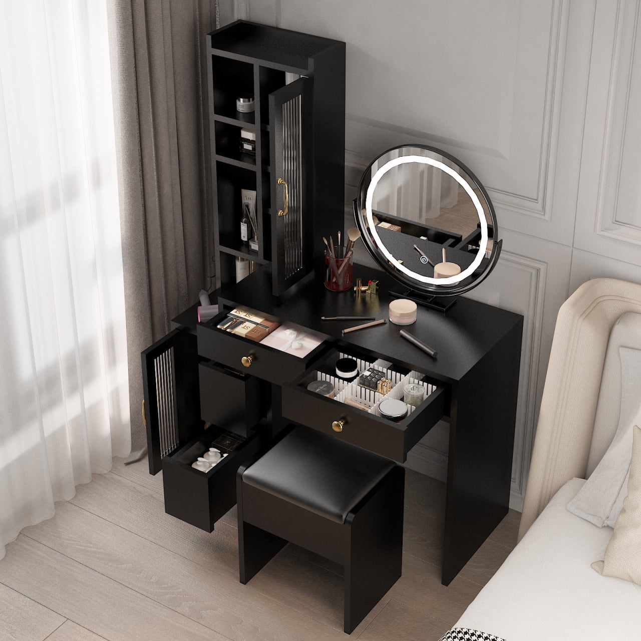 Dressing Table Set, Modern Makeup Vanity Table with Side Cabinet and ...
