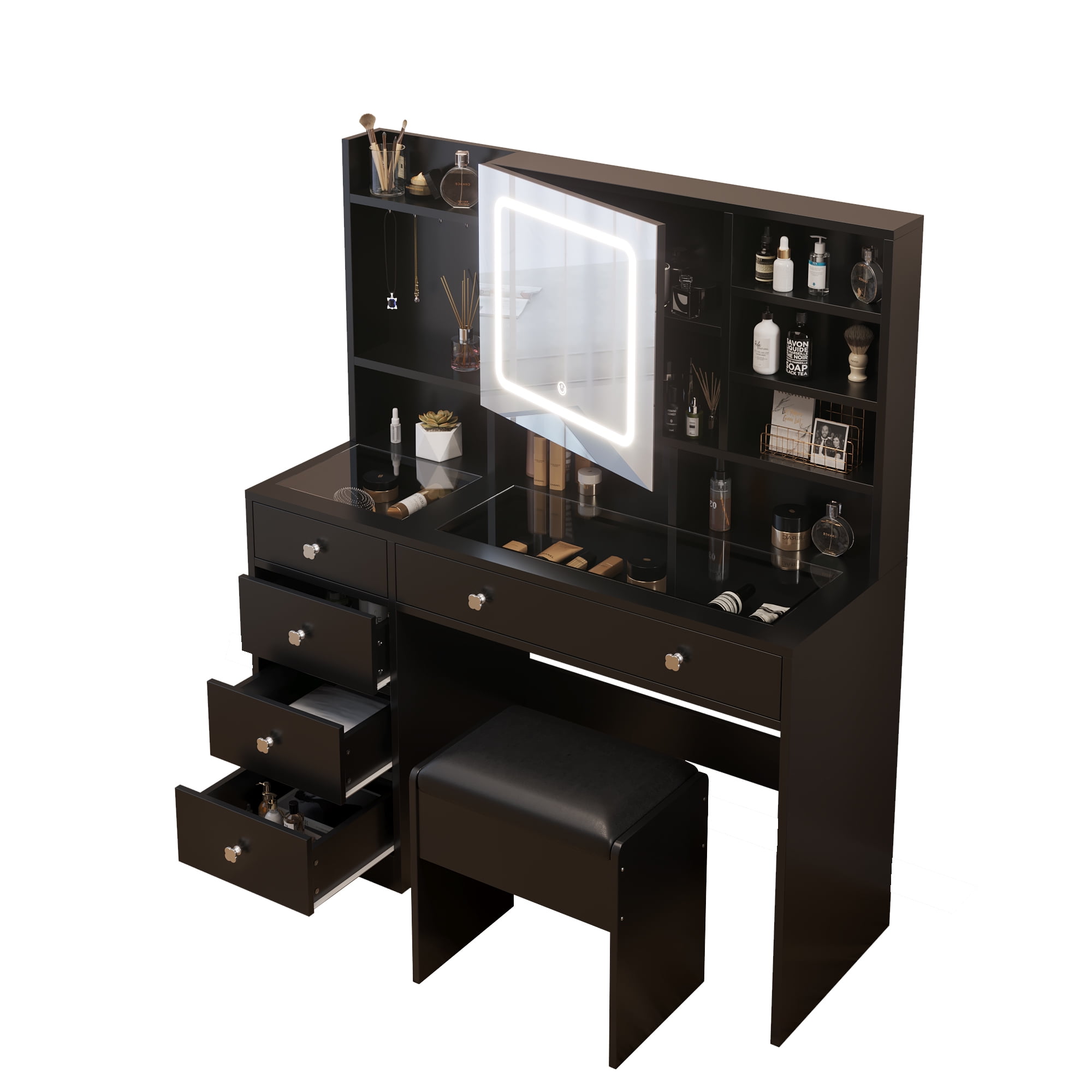 Dressing Table Set with Plug-in Function, Makeup Vanity Table with ...