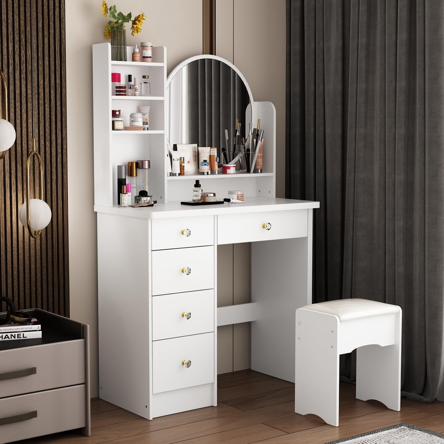Dressing Table Set with Round Mirror, Vanity Desk with 5 Drawers and ...