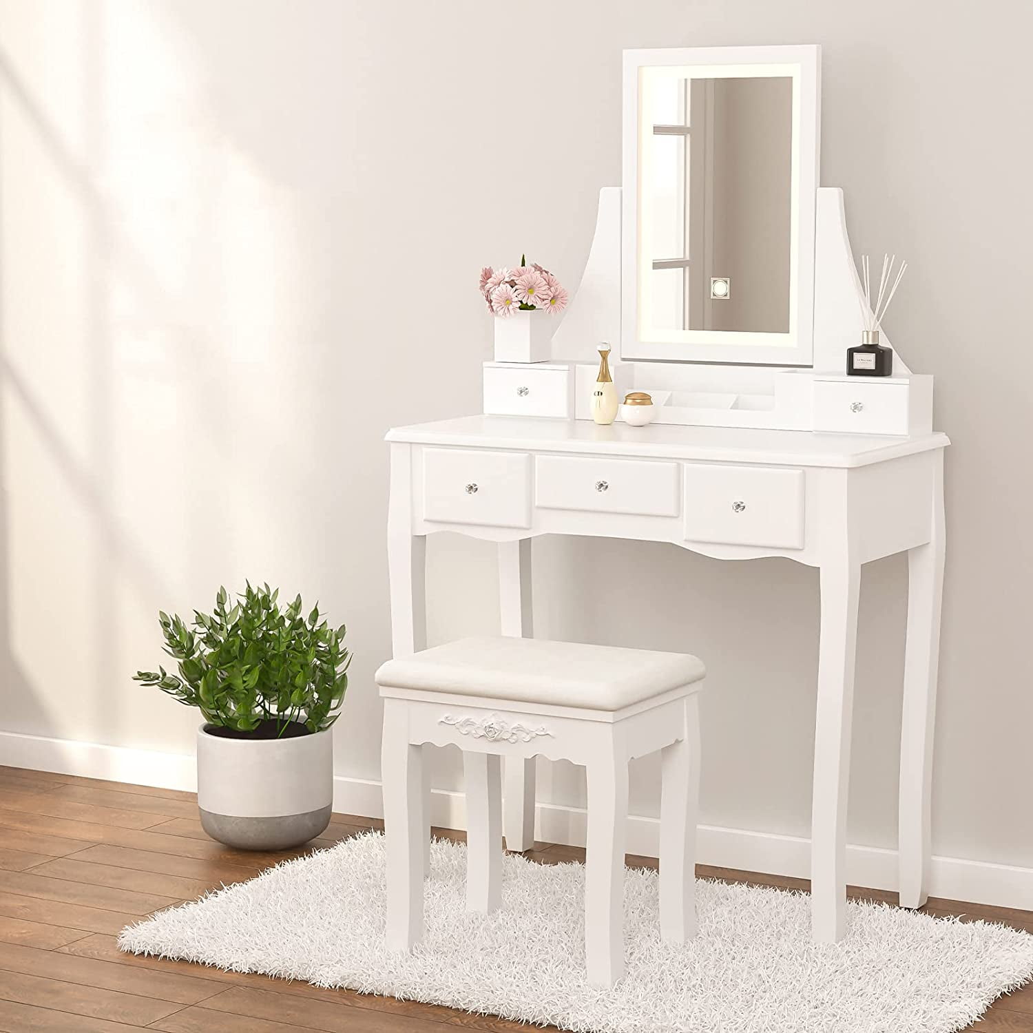 Dressing Table Vanity Set with Lighted Mirror Dimming, Makeup Vanity w ...