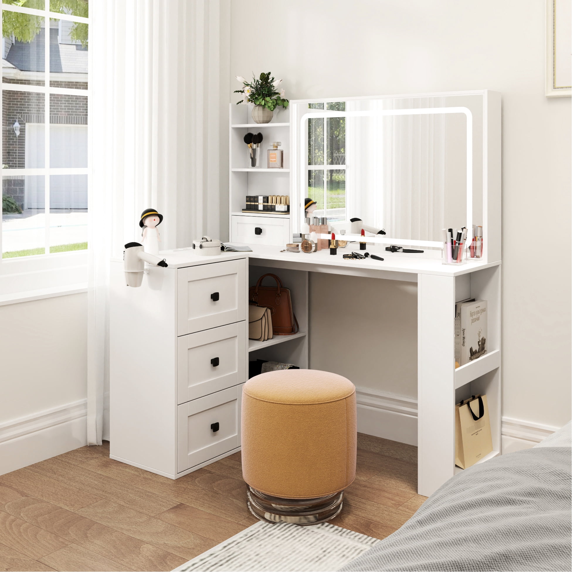 Dressing Table With 3 Large Drawers And Color Adjustable Mirror, White ...