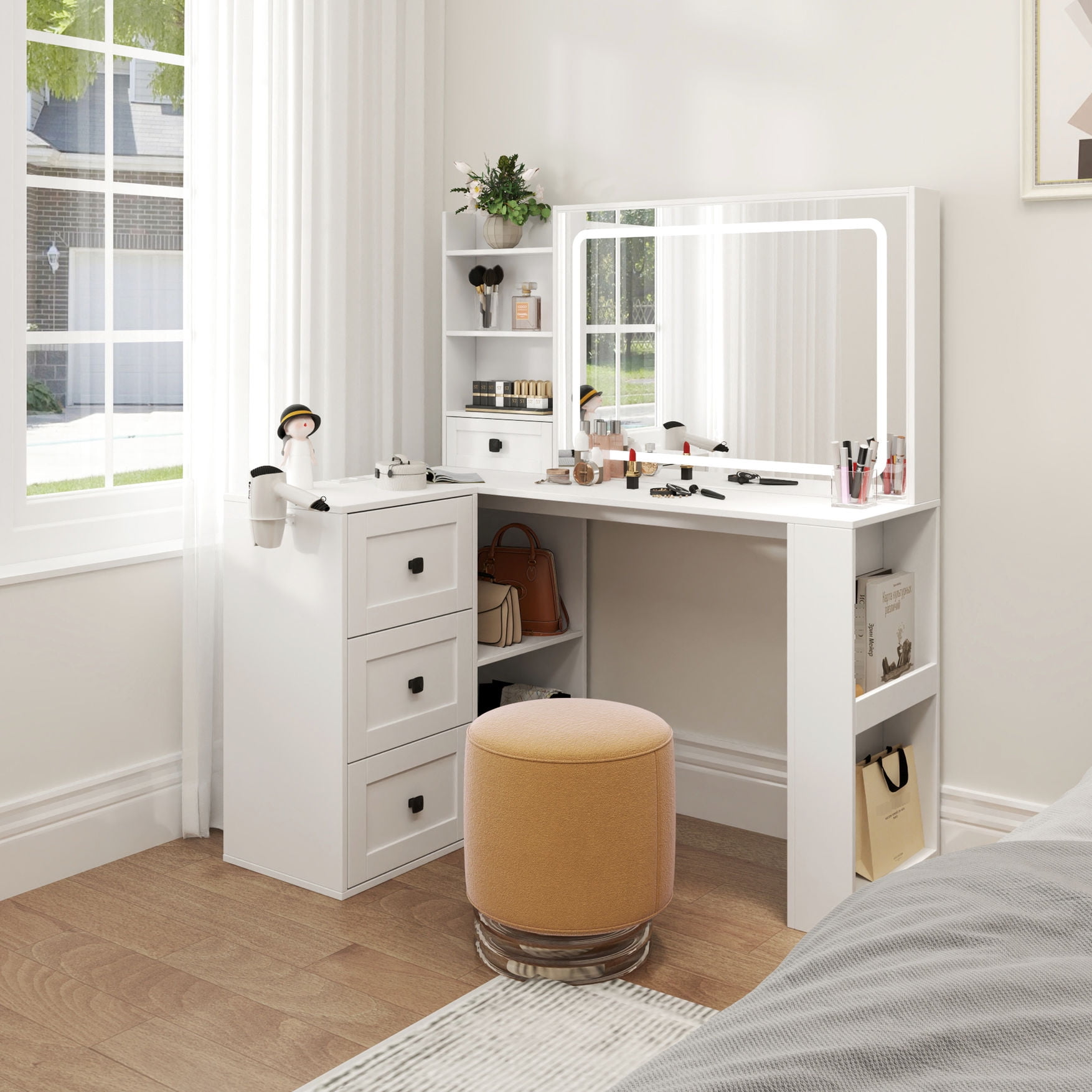 Dressing Table with 3-Color Adjustable Lights and Built-in Charging ...