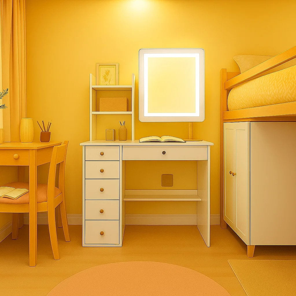 Dressing table with LED sliding rails and square mirror, five drawers ...