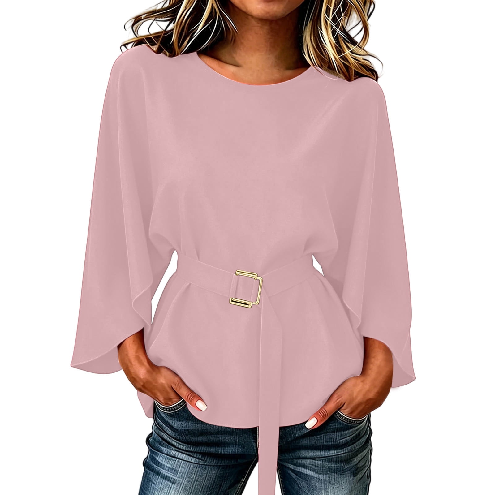 Dressy Belted Batwing Shirts for Women Summer Going Out Loose Crew Neck ...