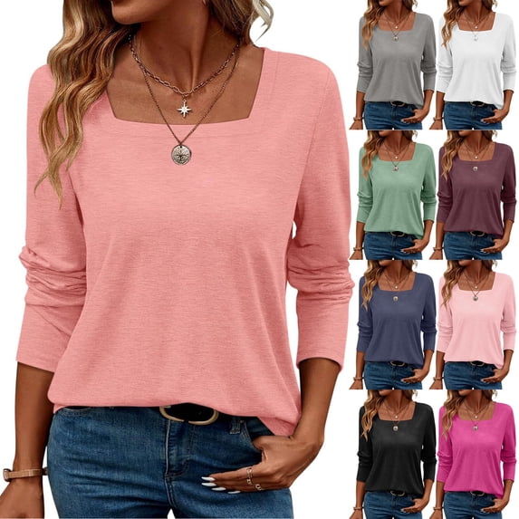 Dressy Blouses for Women Plus Size Square Neck Long Sleeve Solid Color ...