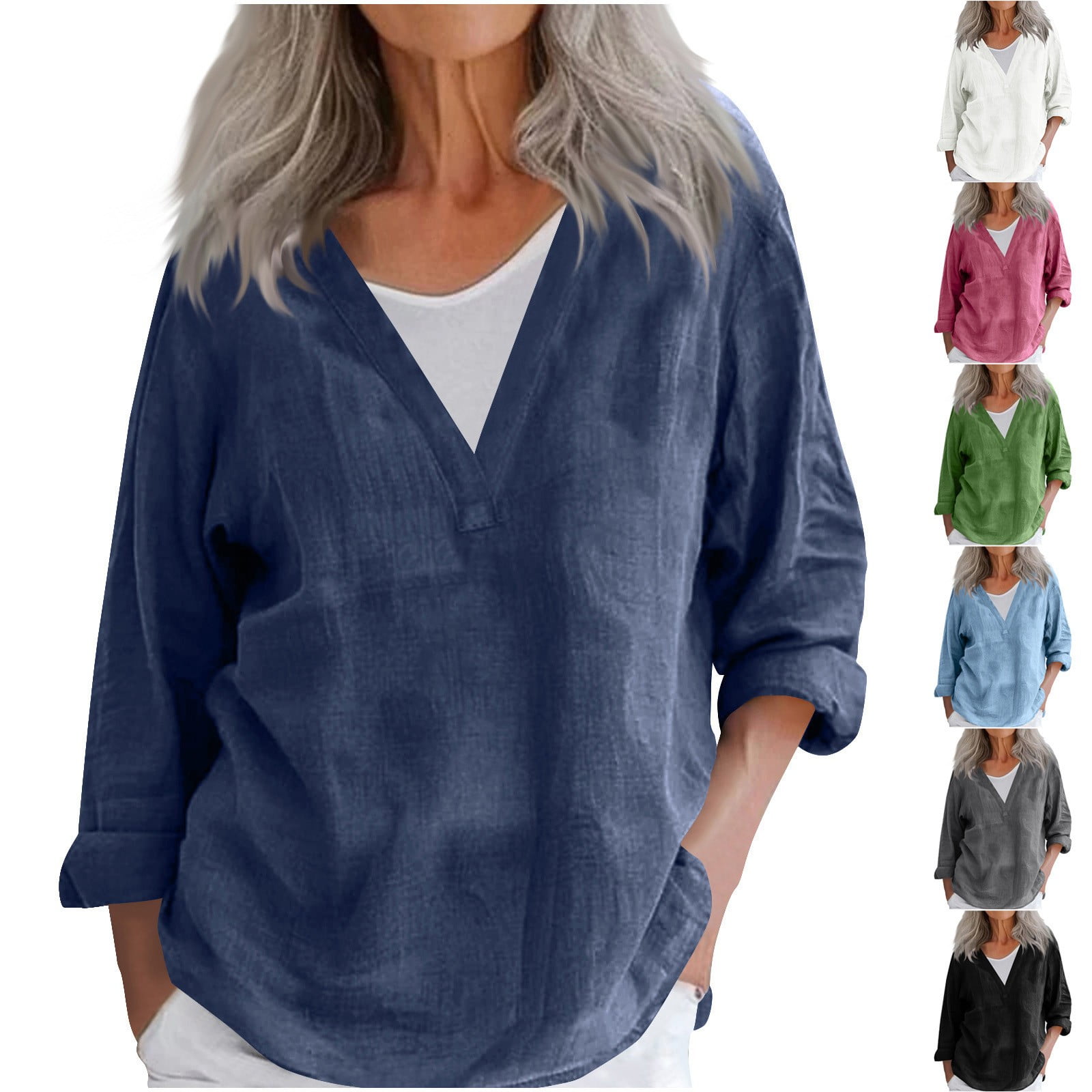 Dressy Blouses for Women Plus Size V-Neck Long Sleeve Solid Color ...