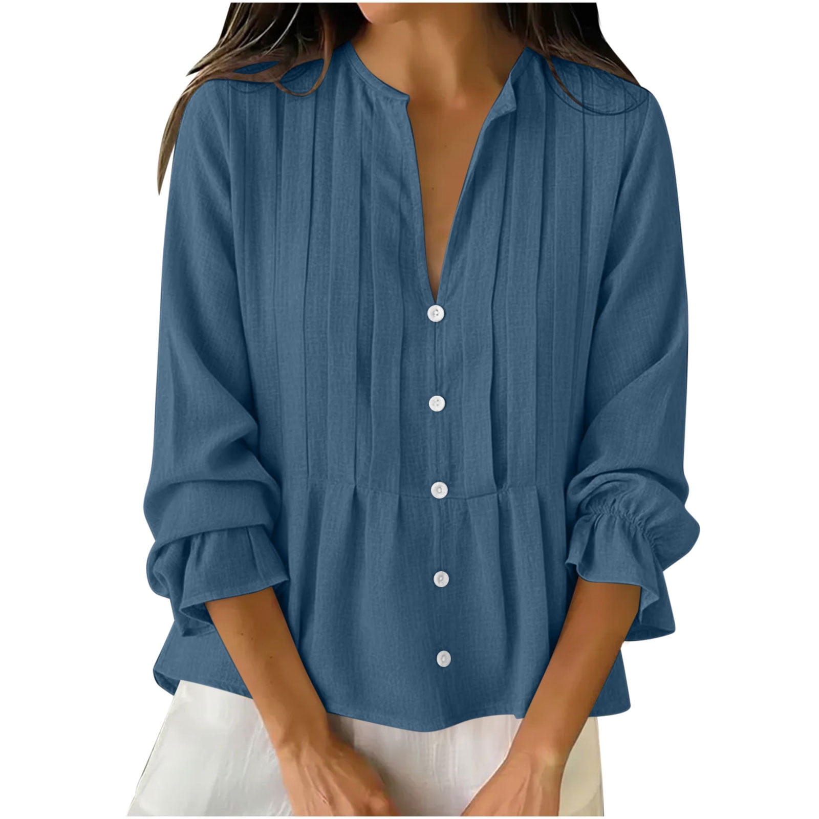 Dressy Casual Linen Tops Women Loose Fit Button Down Shirt Pleated ...