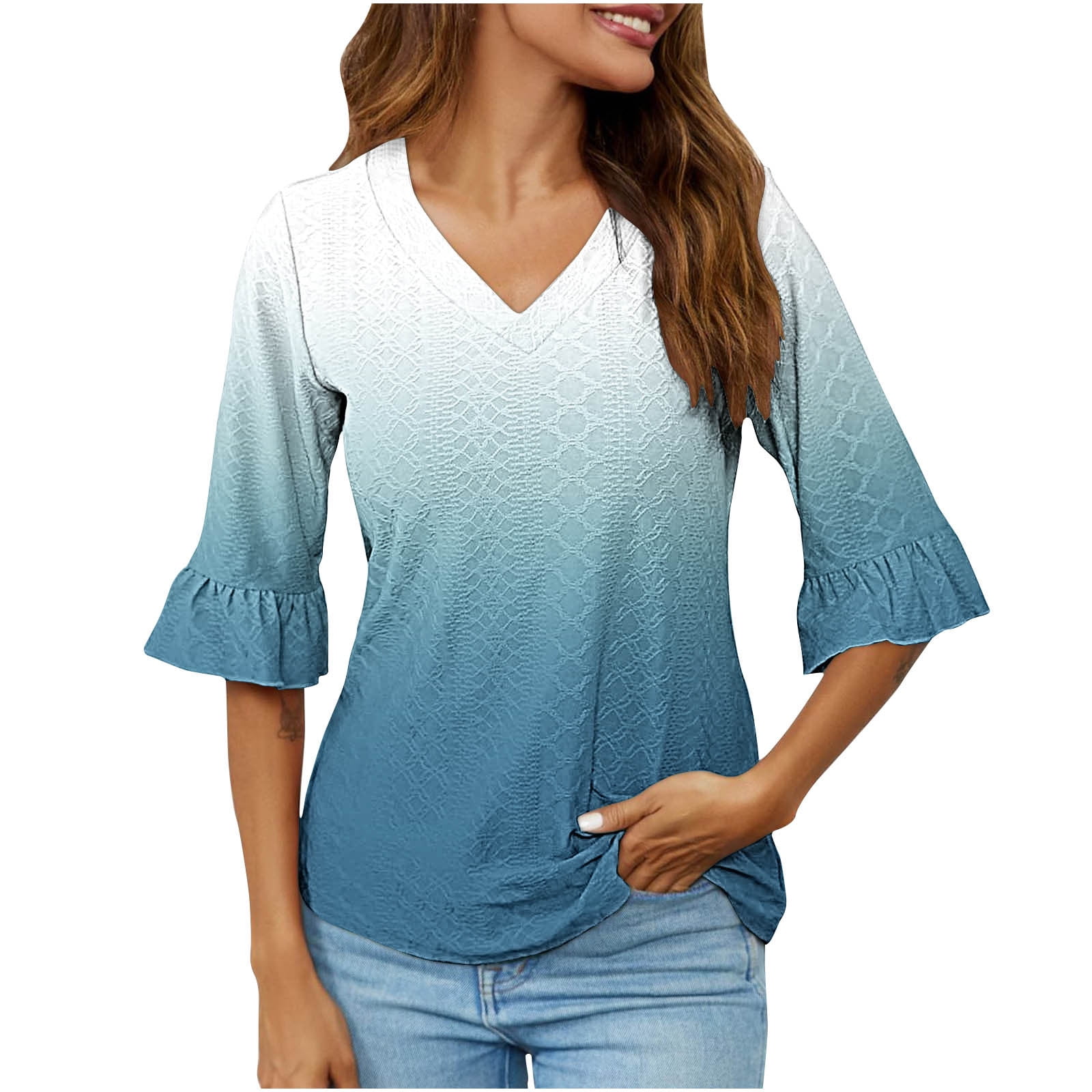 Dressy Casual Shirts for Women Trendy 3/4 Bell Sleeve Print Pullover Blouses V-neck Summer Work ...