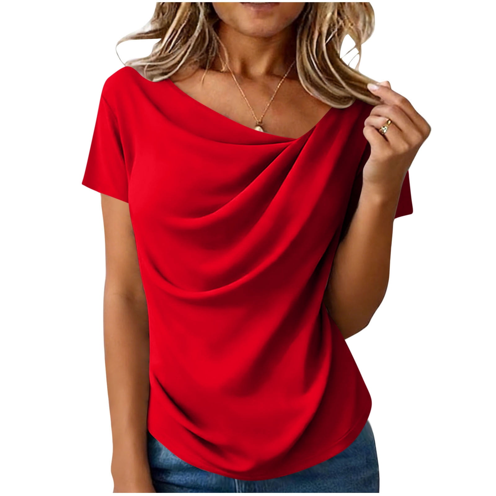 Dressy Casual Tops for Women Short Sleeve Ruched Round Neck Business ...