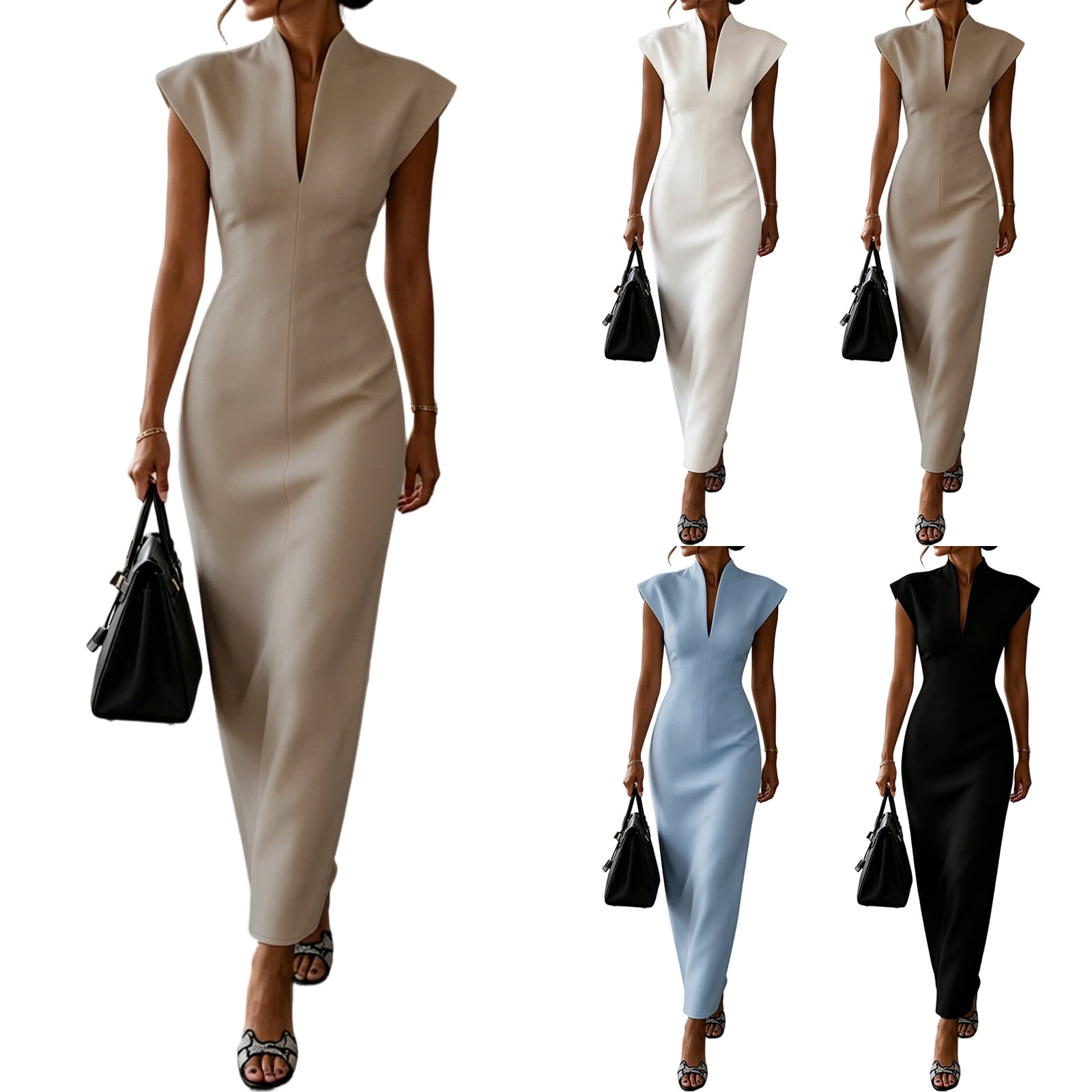 Dressy Dresses for Women Cap Sleeve Deep V Neck Long Dress Causal ...